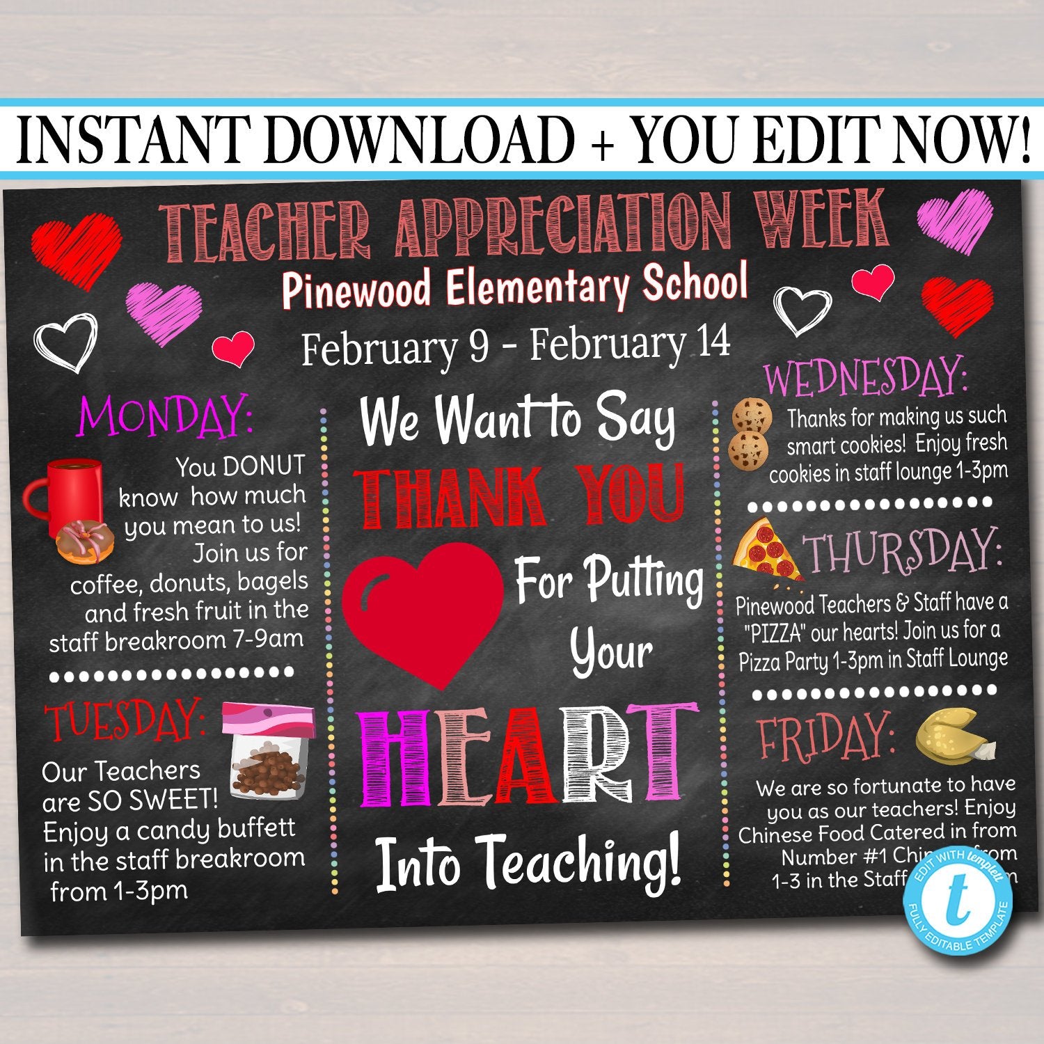 Valentine's Day Teacher Appreciation Week Itinerary - Templett Shop