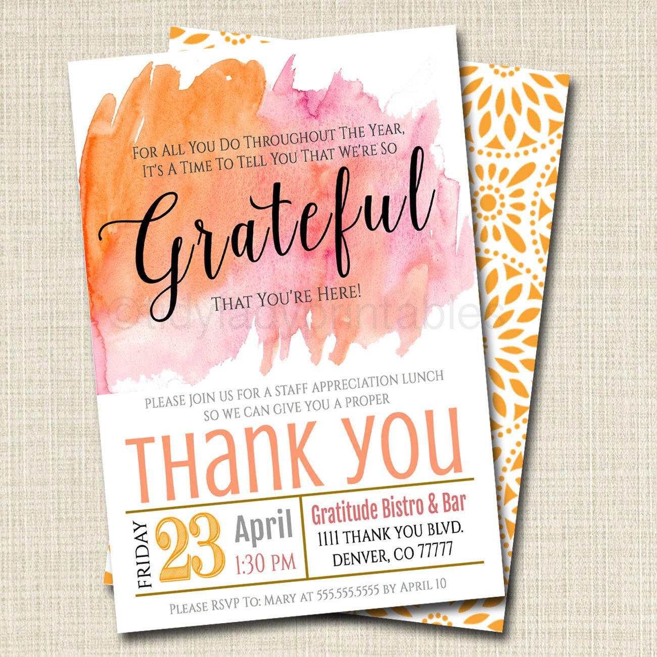 Teacher & Staff Appreciation Invitation "Grateful For You" - Templett Shop