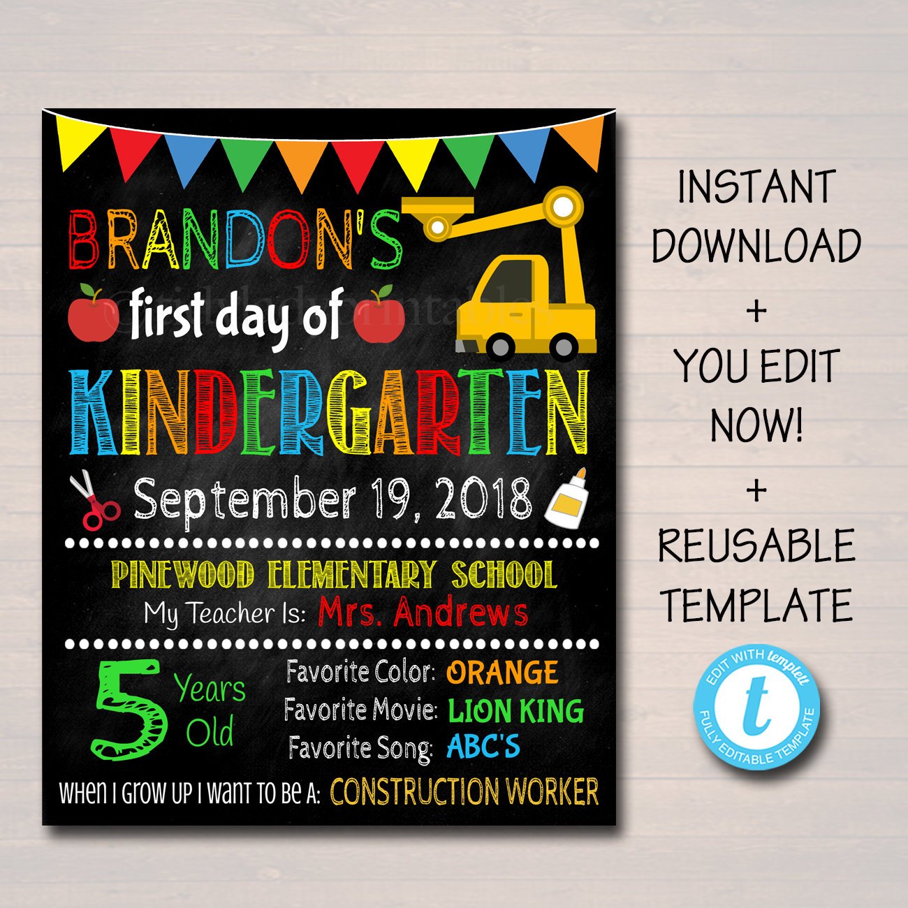 First Day Of School Truck Sign - Personalized Printable DIY Template ...