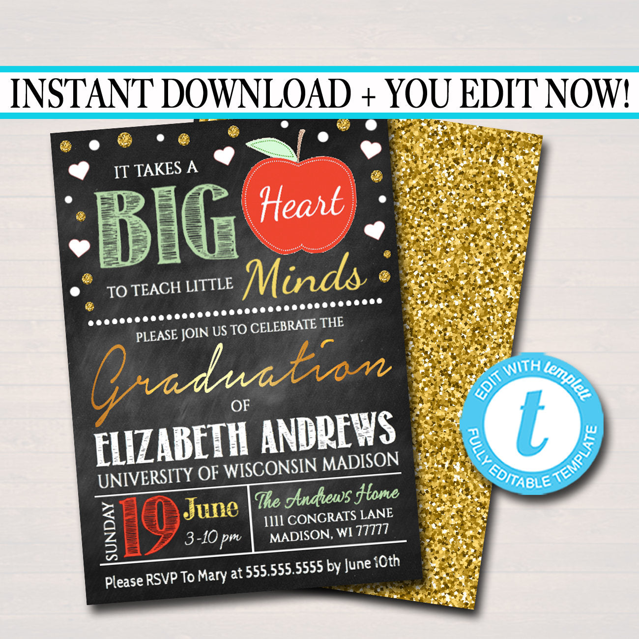 Teacher Chalkboard Graduation Invitation - Templett Shop
