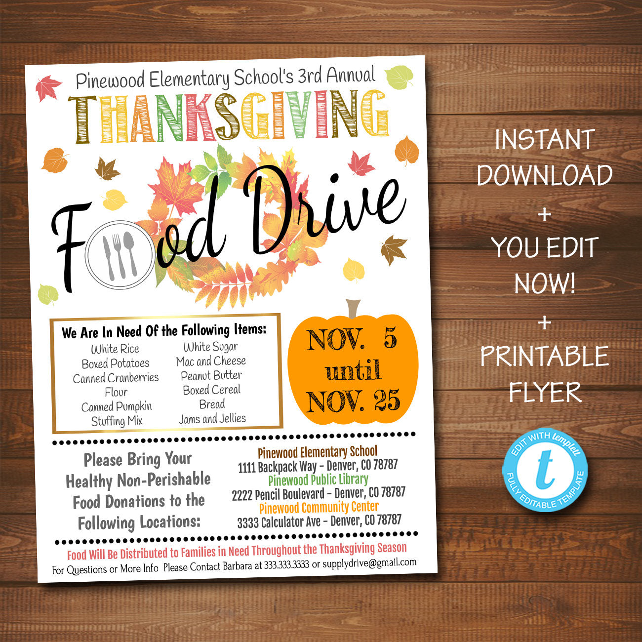 Fall Food Drive Flyer, Printable PTA PTO Flyer, School Church ...