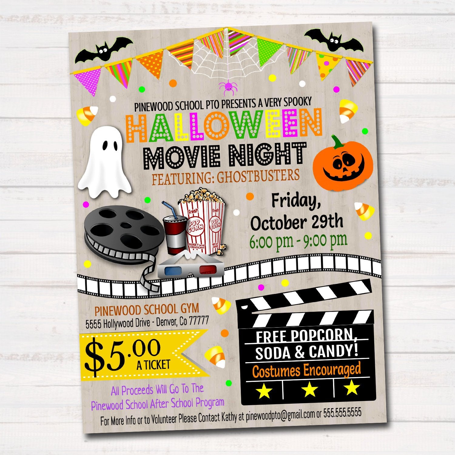 Halloween Movie Night Flyer, Printable PTA PTO Flyer Fall School Church ...