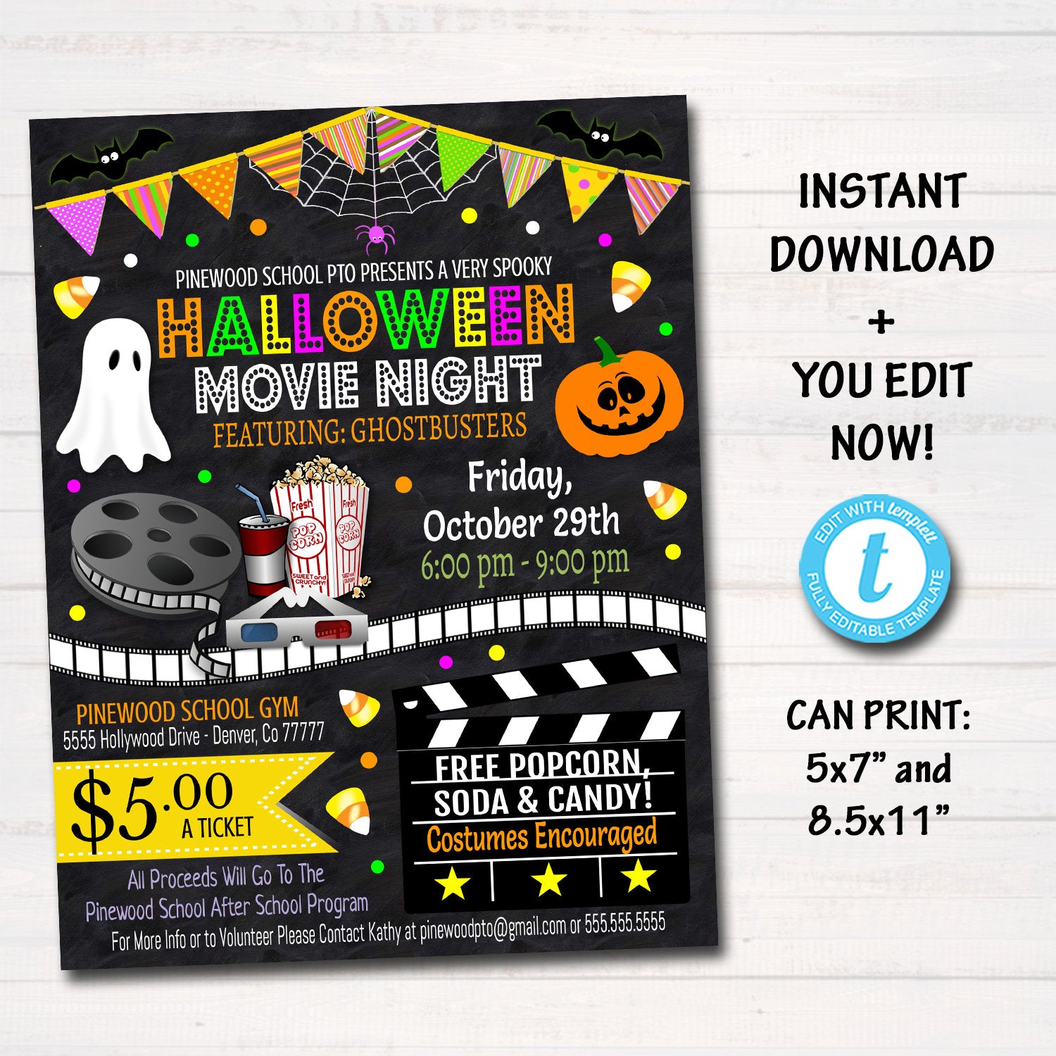 Halloween Movie Night Flyer, Printable PTA PTO Flyer Fall School Church ...