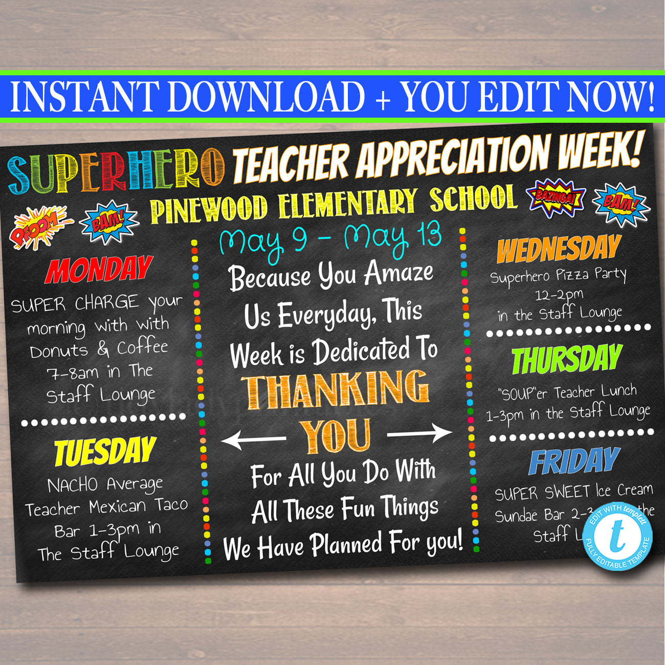 Superhero Teacher Appreciation Week Itinerary Poster - Templett Shop