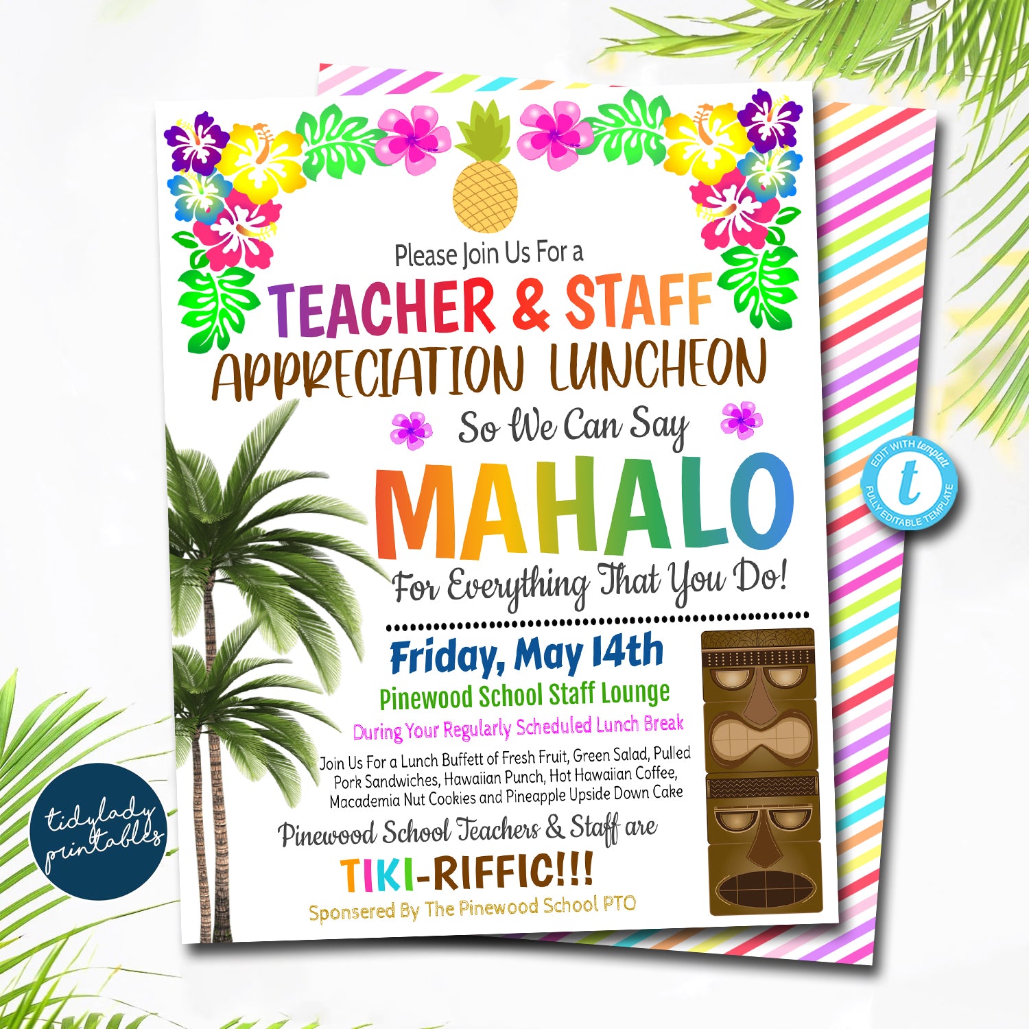 Mahalo Teacher Appreciation Staff Invitation, Hawaiian Luau Theme ...