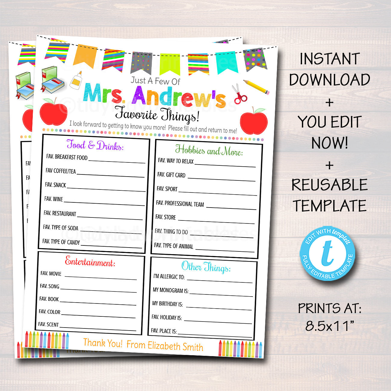 Teacher Favorites Survey - All About My Teacher Worksheet - Templett Shop