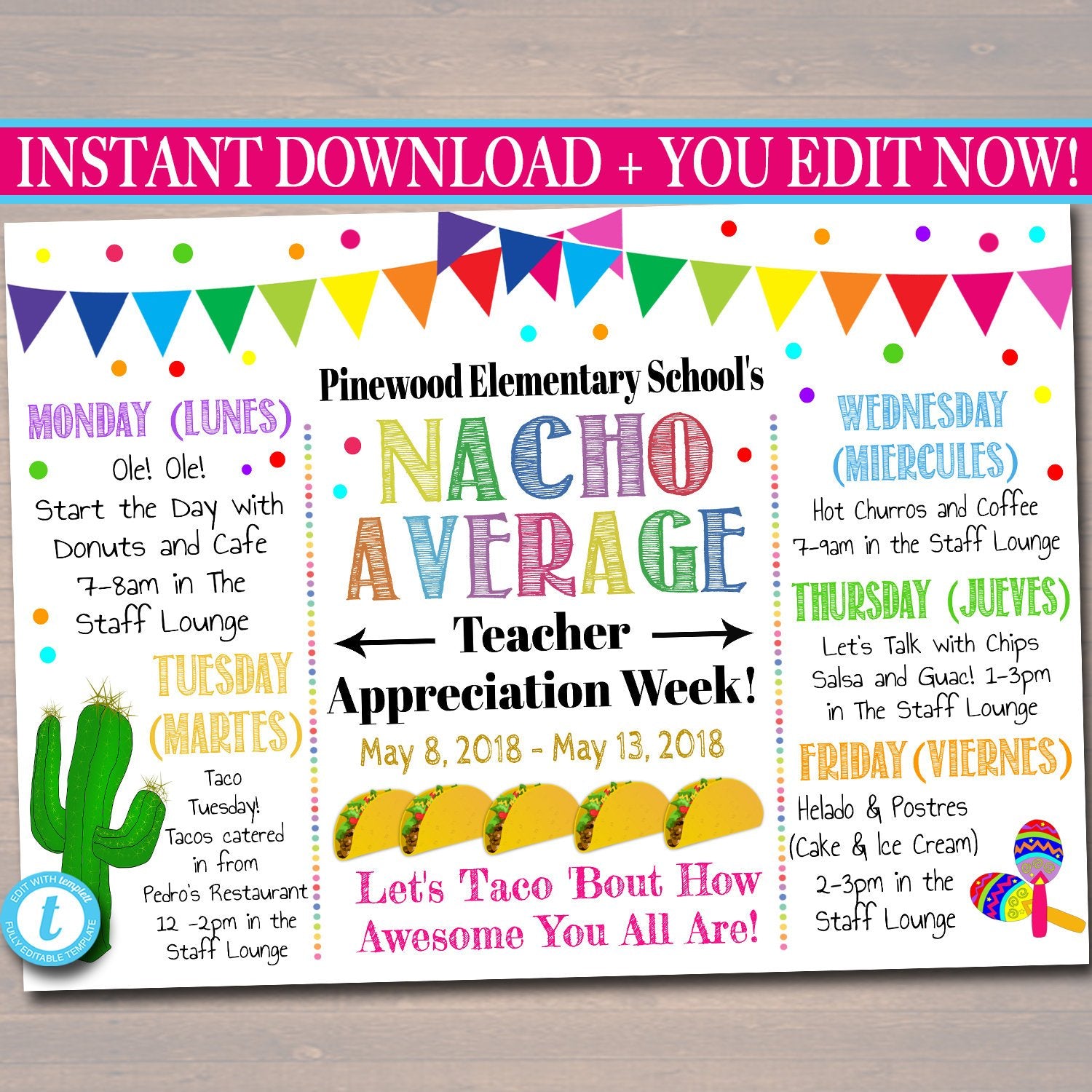 Nacho Average Teacher Appreciation Week Itinerary Poster - Templett Shop