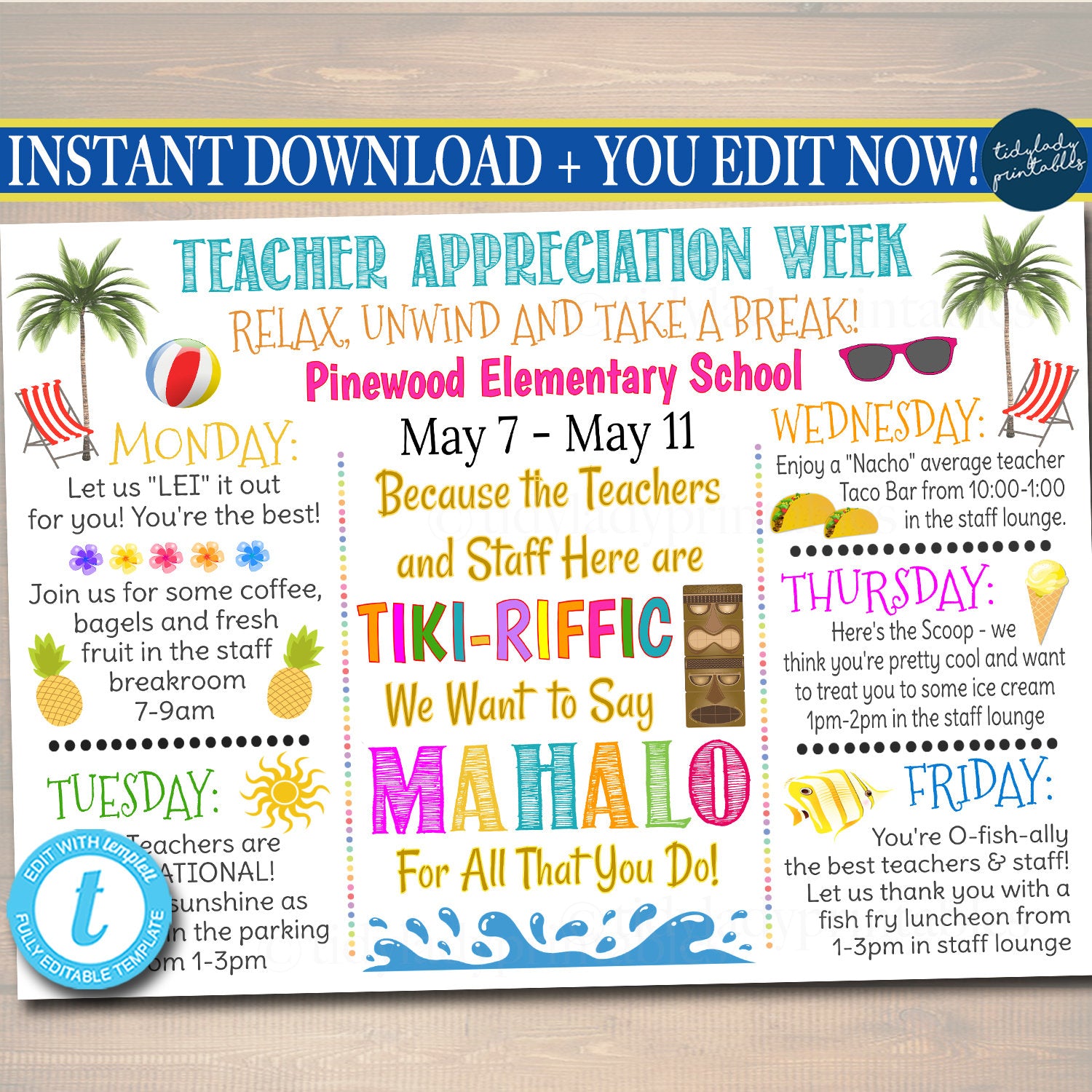 Beach Themed Teacher Appreciation Week Itinerary Poster - Templett Shop
