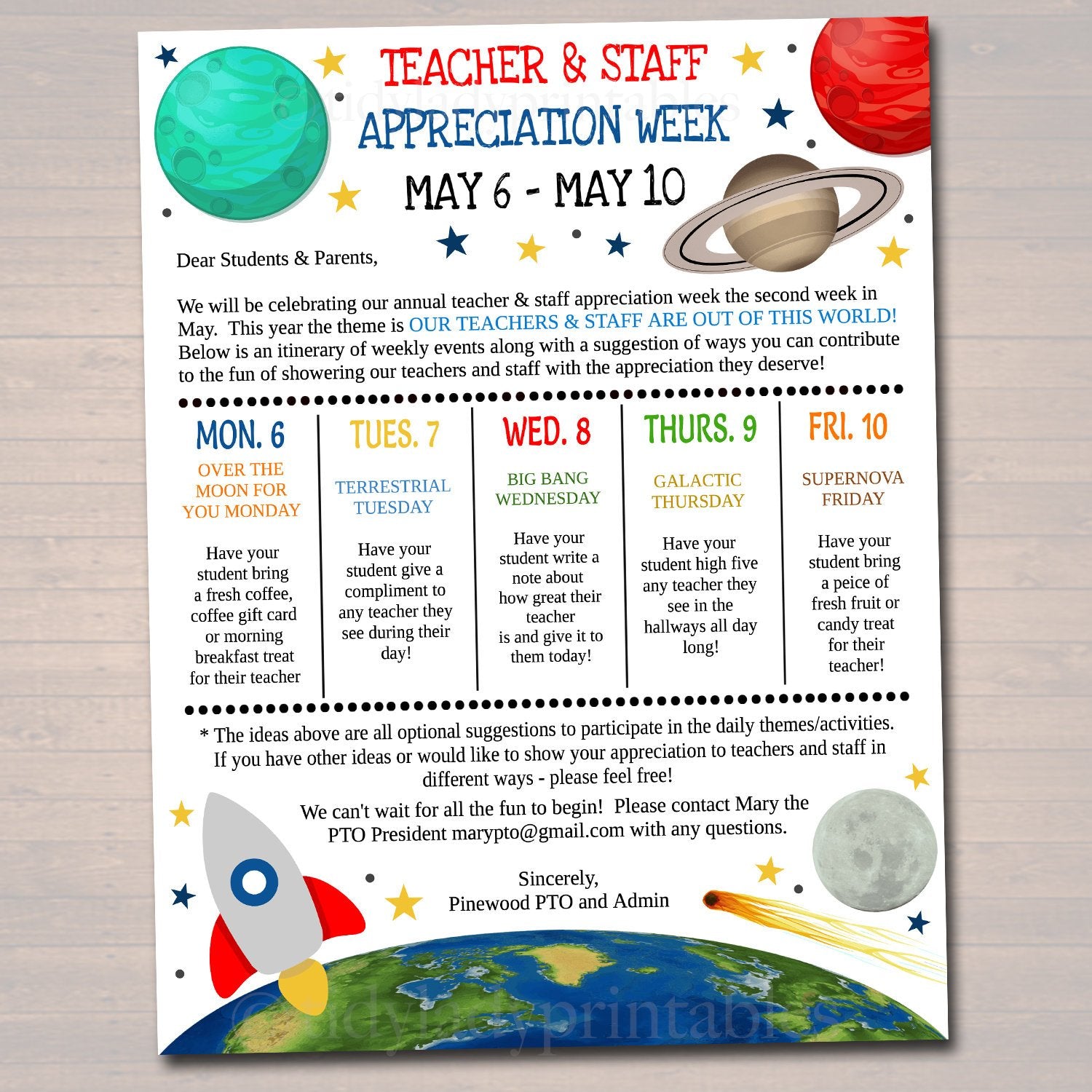 Space Theme Teacher Appreciation Staff Invitation Newsletter - Templett ...