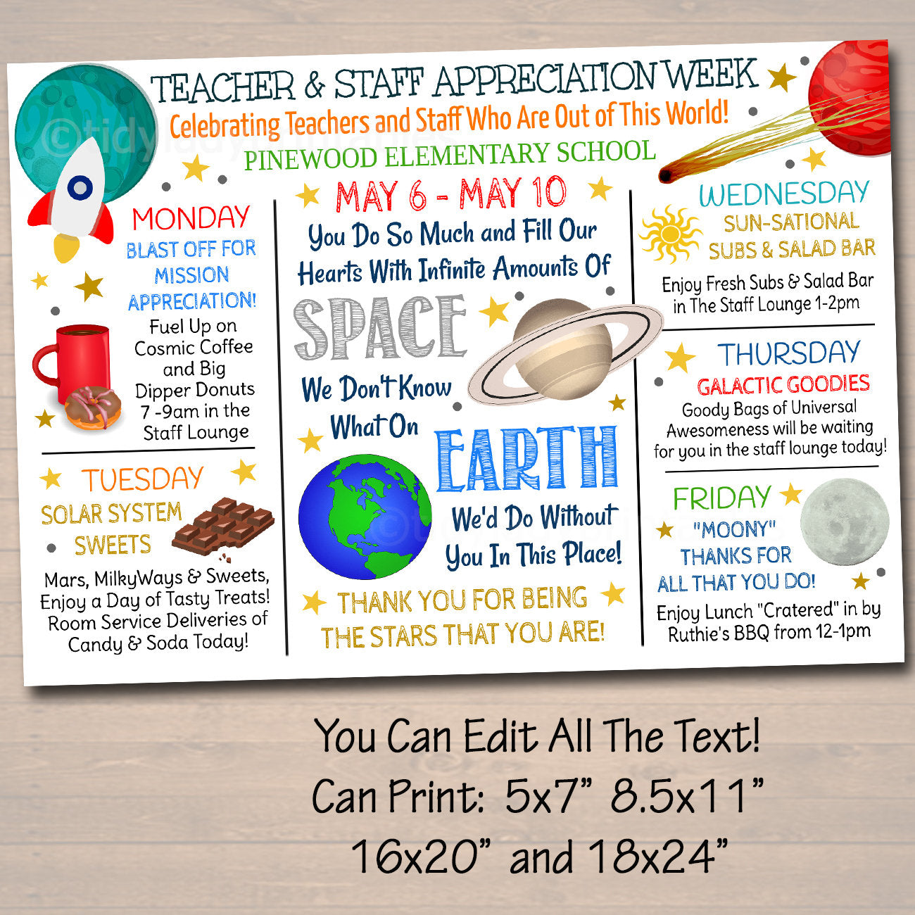 Space Theme Teacher Appreciation Week Itinerary Poster - Templett Shop