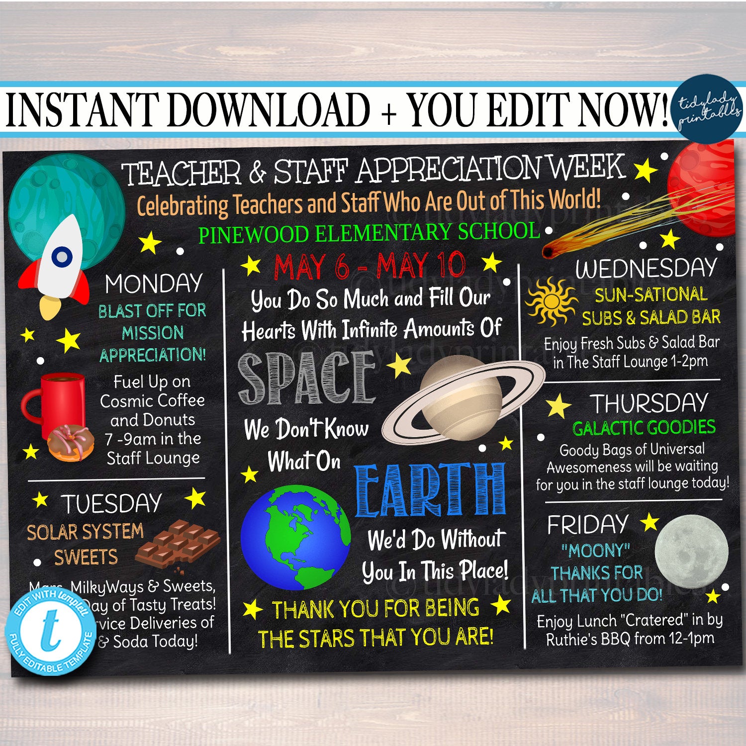 Space Theme Teacher Appreciation Week Itinerary Poster - Templett Shop