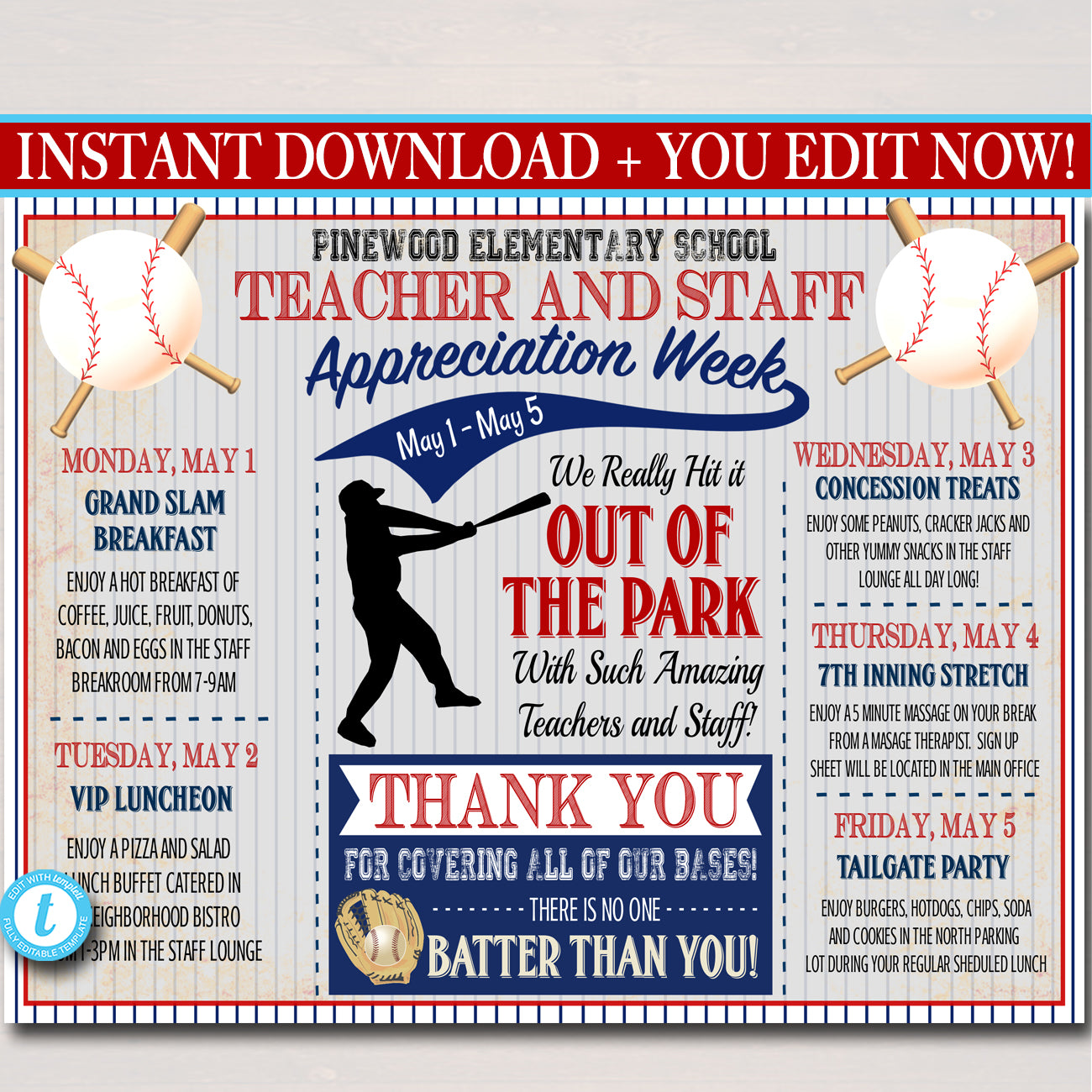 Baseball Themed Teacher Appreciation Week Itinerary Poster - Templett Shop