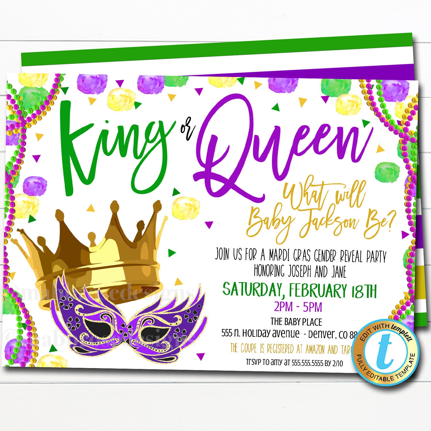 Mardi Gras Gender Reveal Invitation - Templett Shop