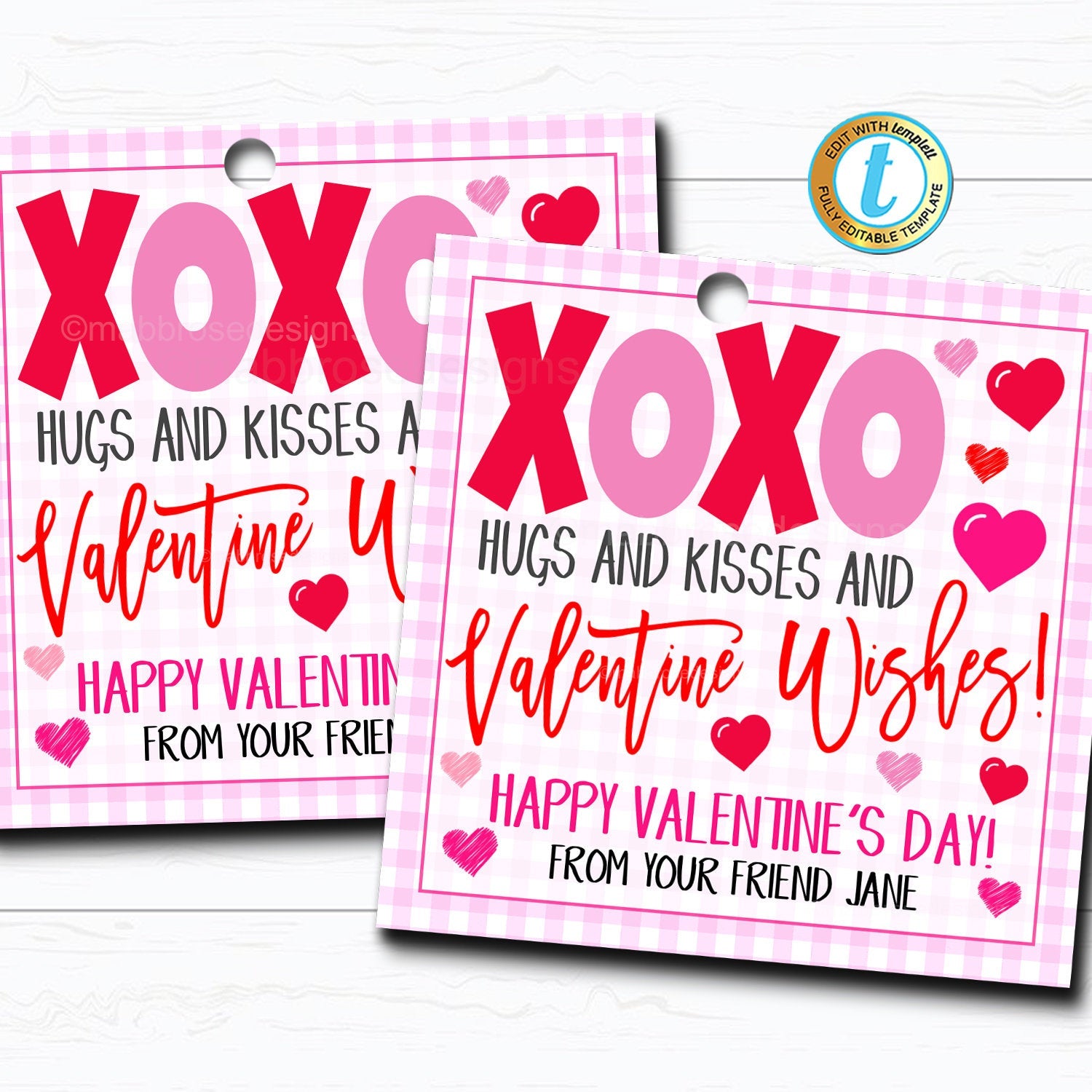 Valentine's Gift Tag, xoxo Hugs and Kisses Valentine Card - Templett Shop