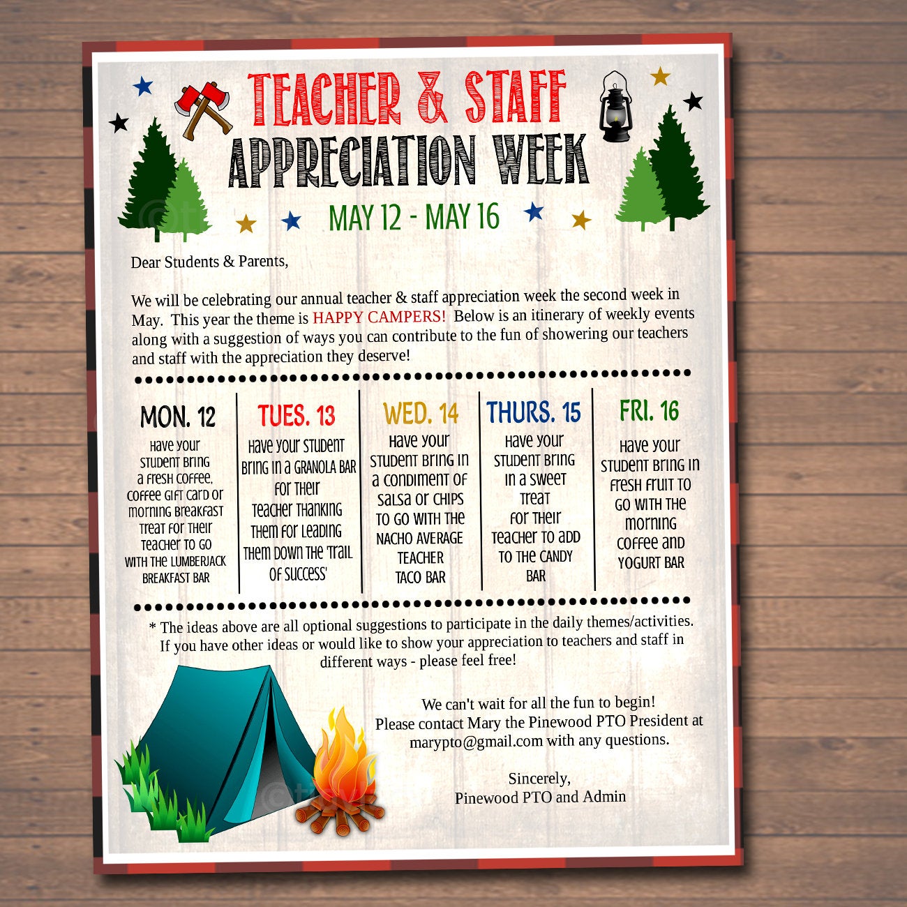 Camping Theme Teacher Appreciation Week Take Home Newsletter - Templett ...