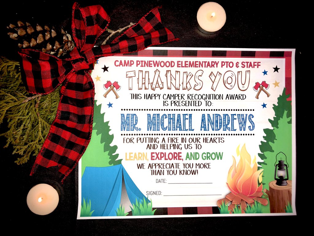 Camping Theme Teacher Appreciation Award Certificates - Templett Shop