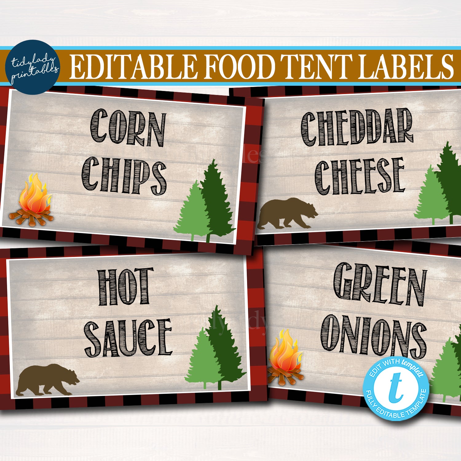 Outdoor Camping Theme Party Food Tent Labels - Templett Shop