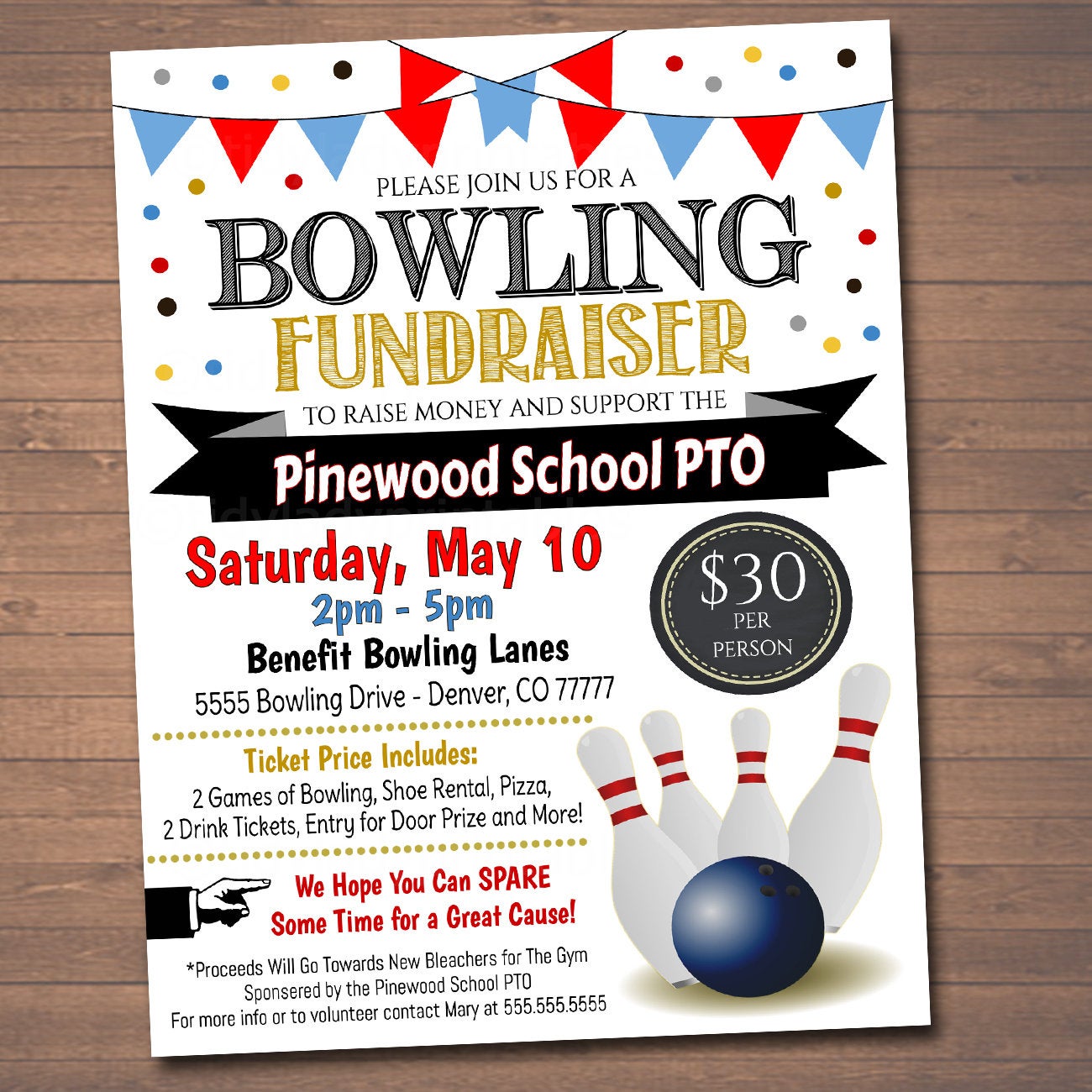 Bowling Fundraiser Flyer and Ticket Set - Editable Template - Templett Shop