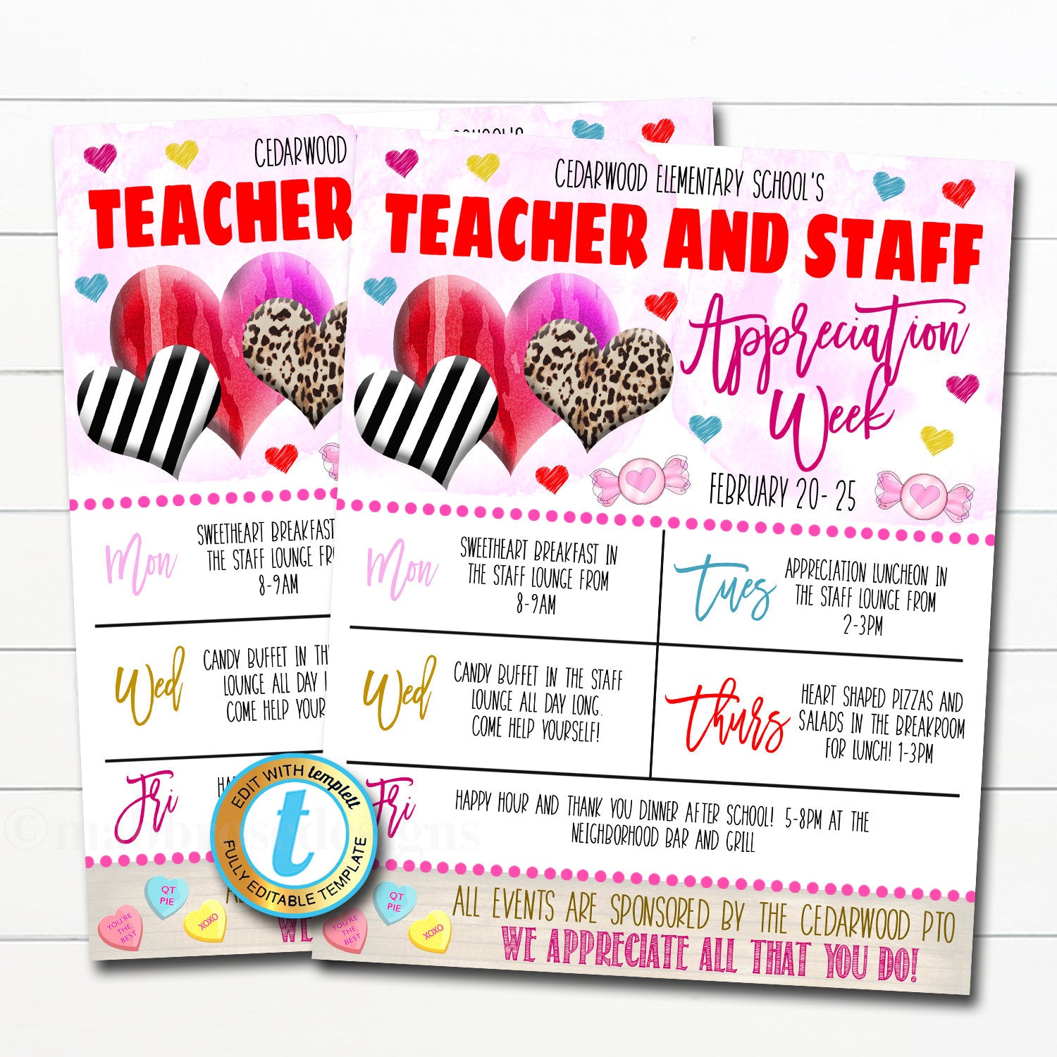 Valentine's Day Teacher Appreciation Week Itinerary Flyer - Templett Shop