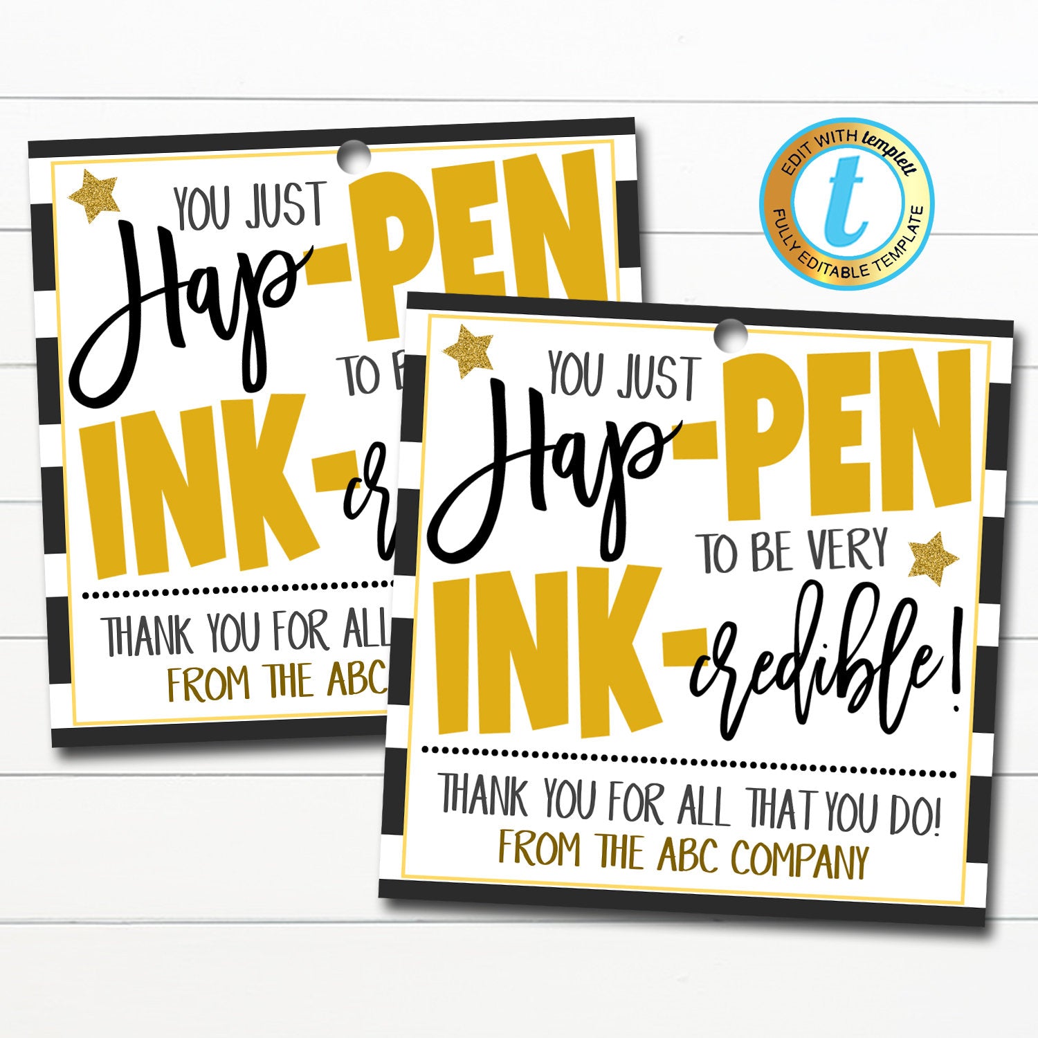 Pen Thank You Gift Tags, Hap-pen to Be Ink-credible - Templett Shop