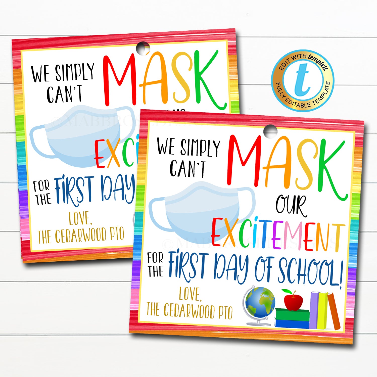 Can't mask our excitement for first day of school gift tag - Templett Shop