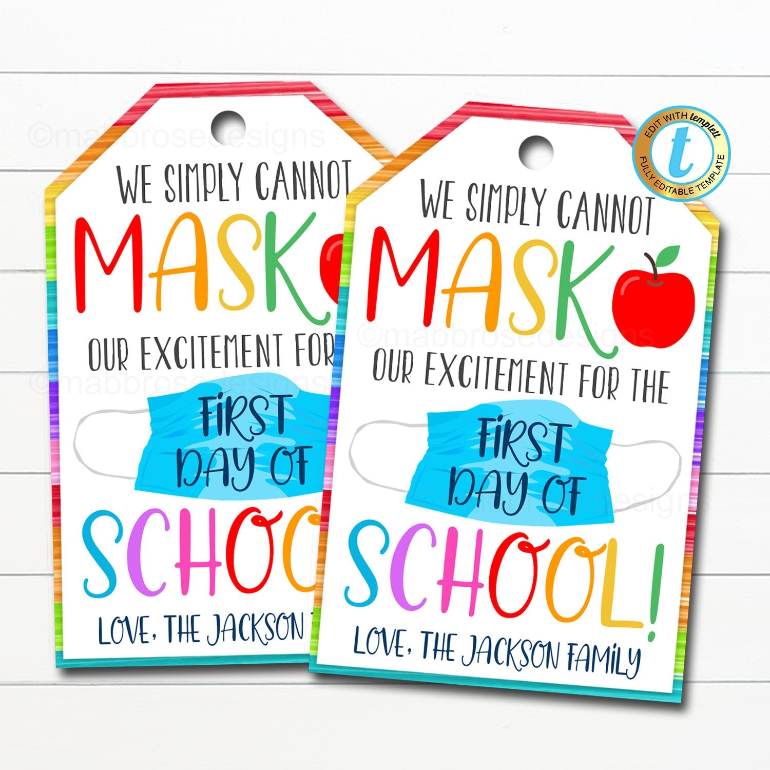 Can't mask our excitement for first day of school gift tag - Templett Shop