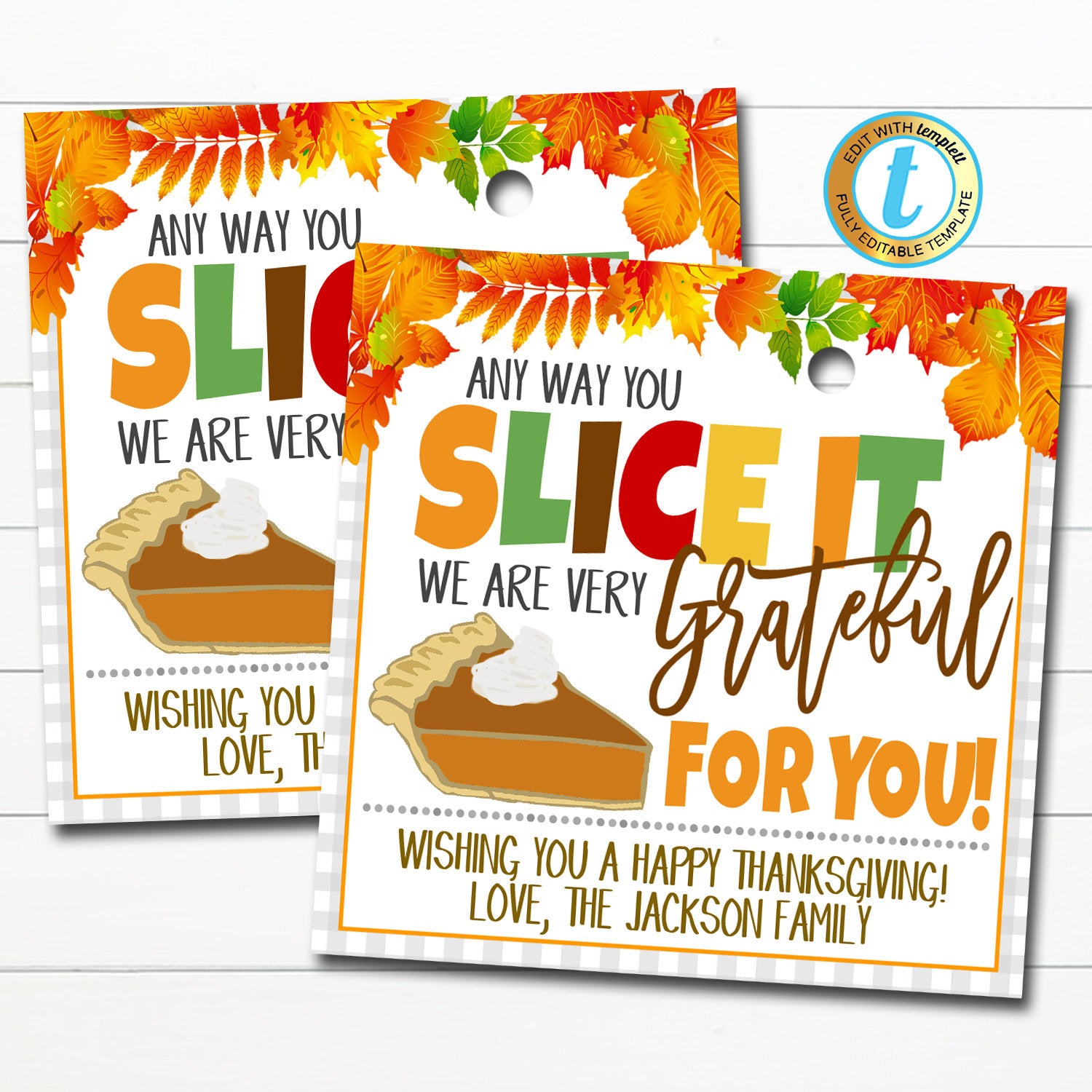 Thanksgiving Gift Tags, Grateful For You Pumpkin Pie Label - Templett Shop