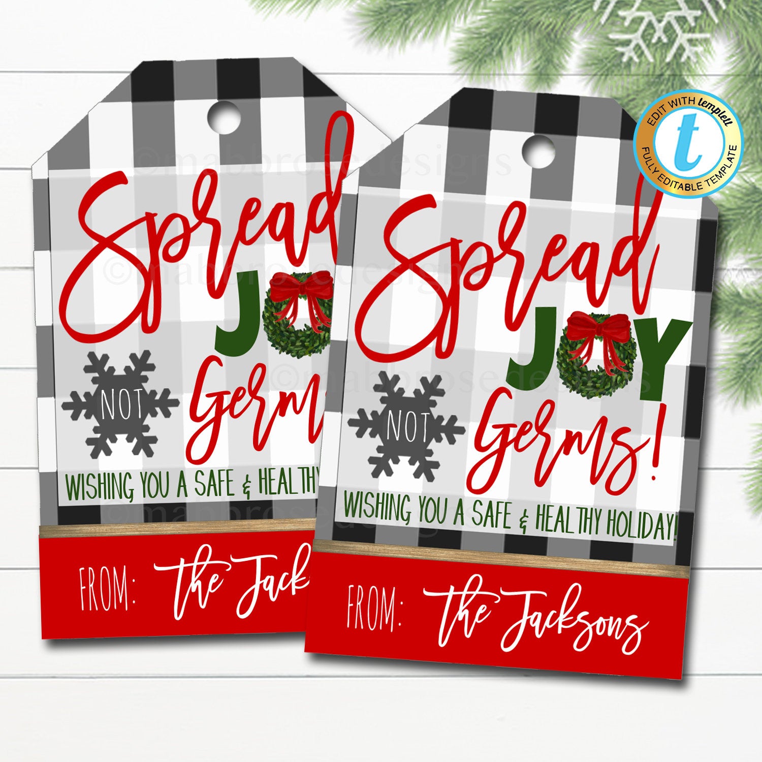 Christmas Gift Tags, Merry Christmas Spread Joy Not Germs - Templett Shop