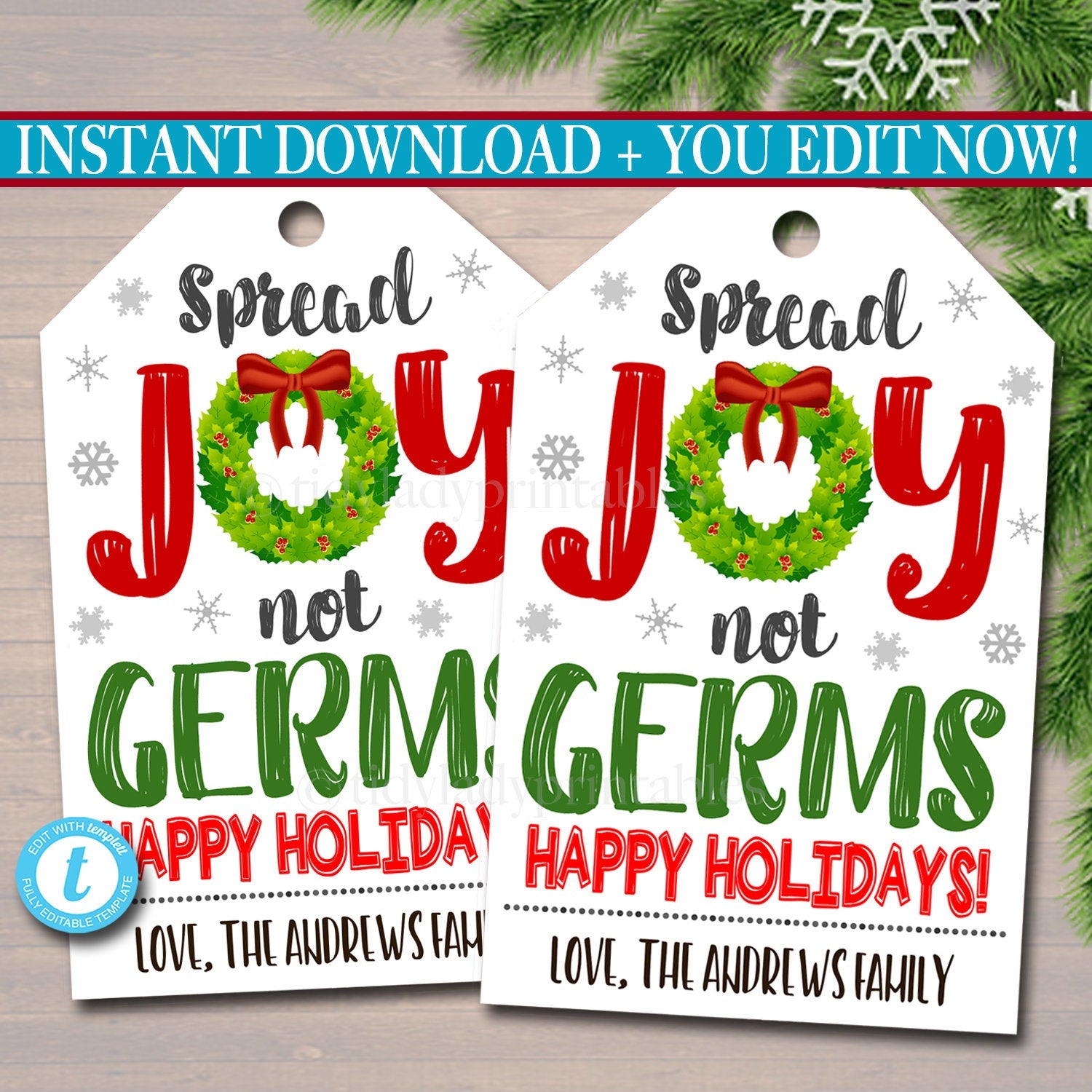 Christmas Gift Tag Spread Joy Not Germs, Soap Hand Sanitizer Label ...
