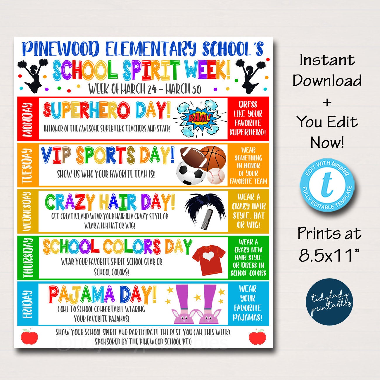 School Spirit Week Itinerary Schedule, Daily Weekly Calendar - Templett ...
