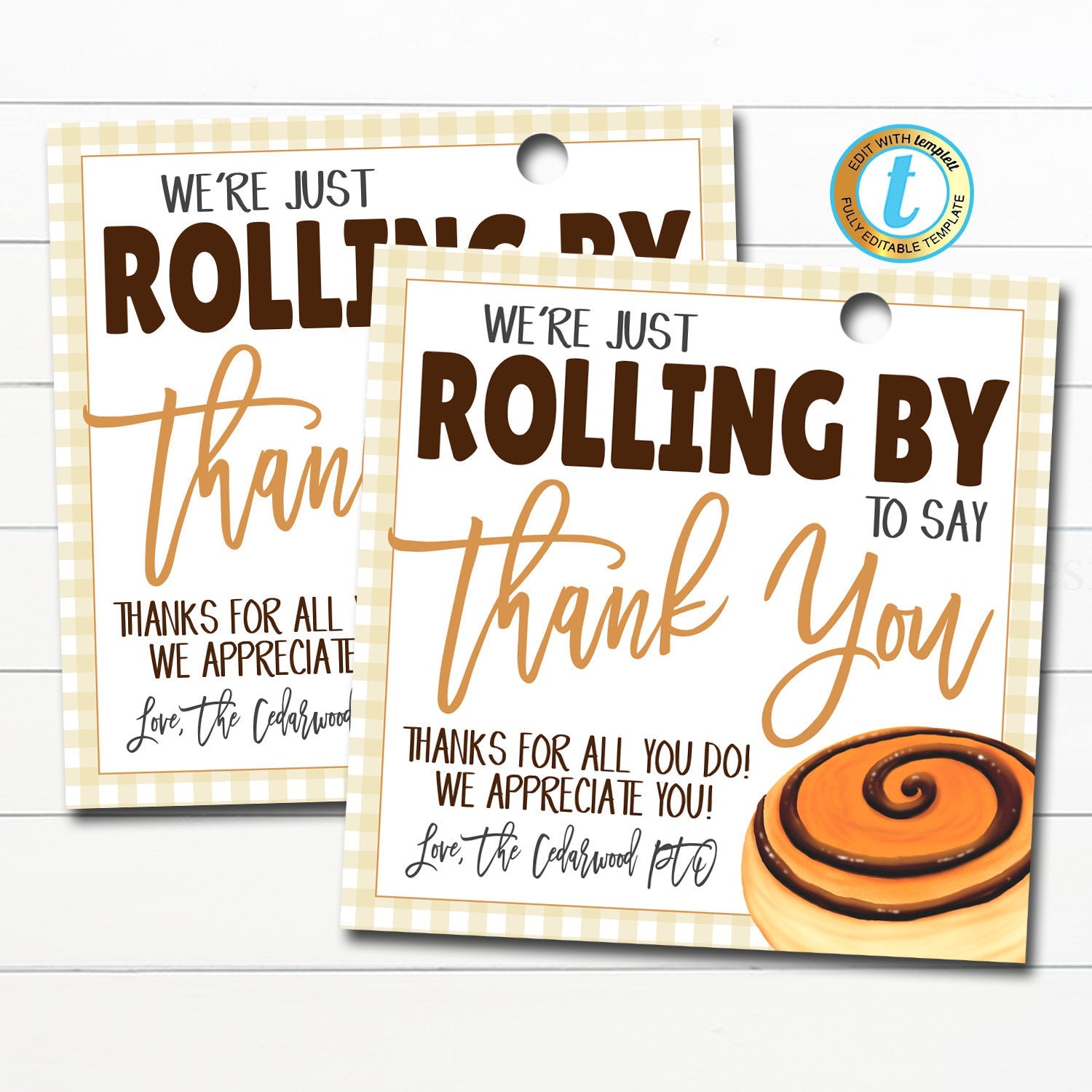 Cinnamon Roll Gift Tag, Rolling By to Say Thank You - Templett Shop