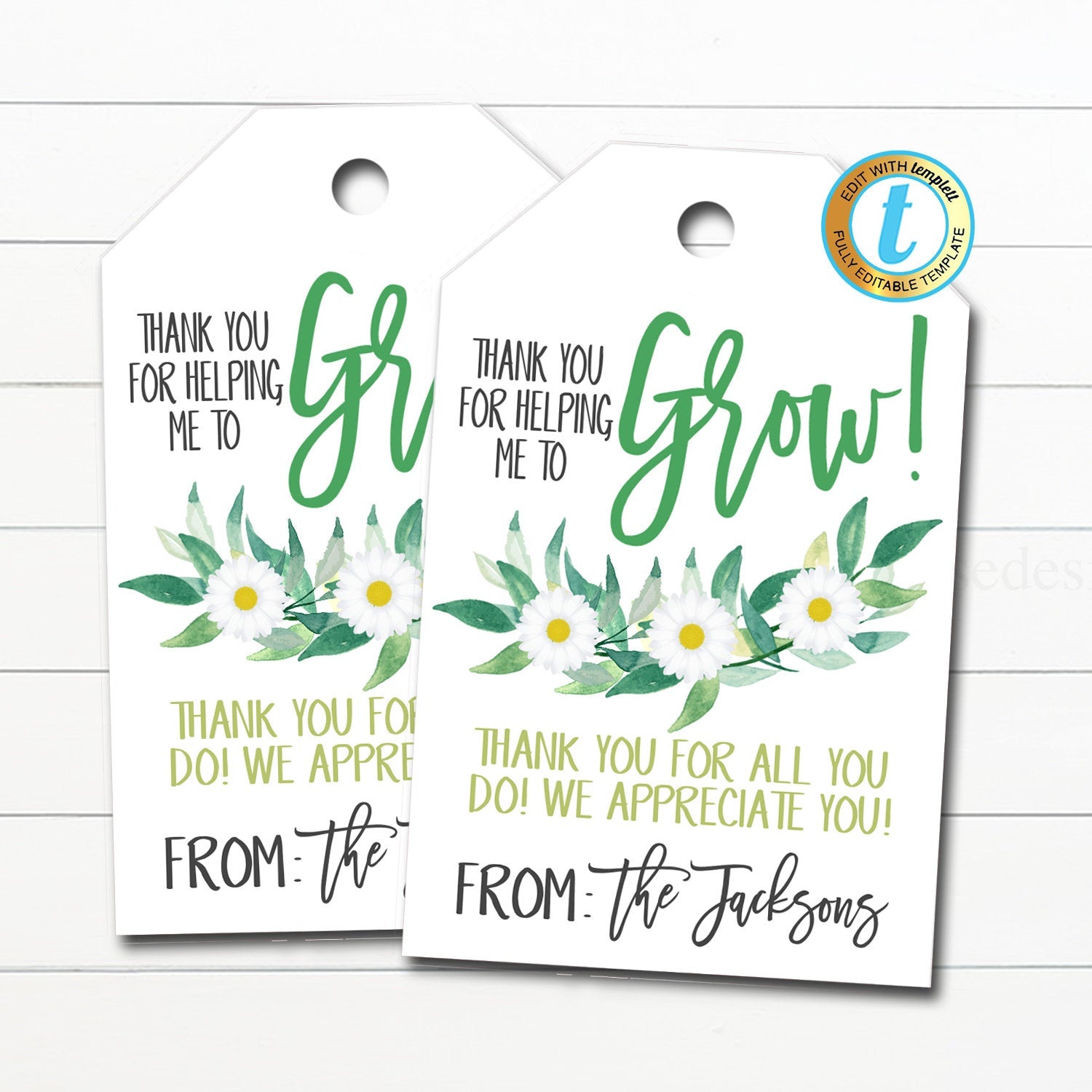 Floral Appreciation Gift Tags, Thank You for Helping Me Grow - Templett ...