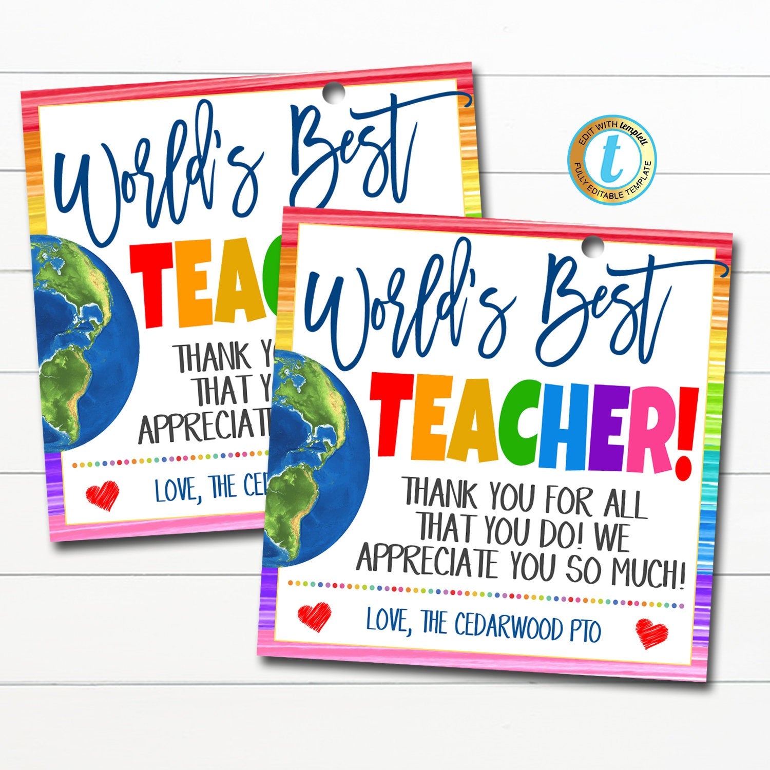 Worlds Best Teacher Appreciation Week Gift Tags - Templett Shop