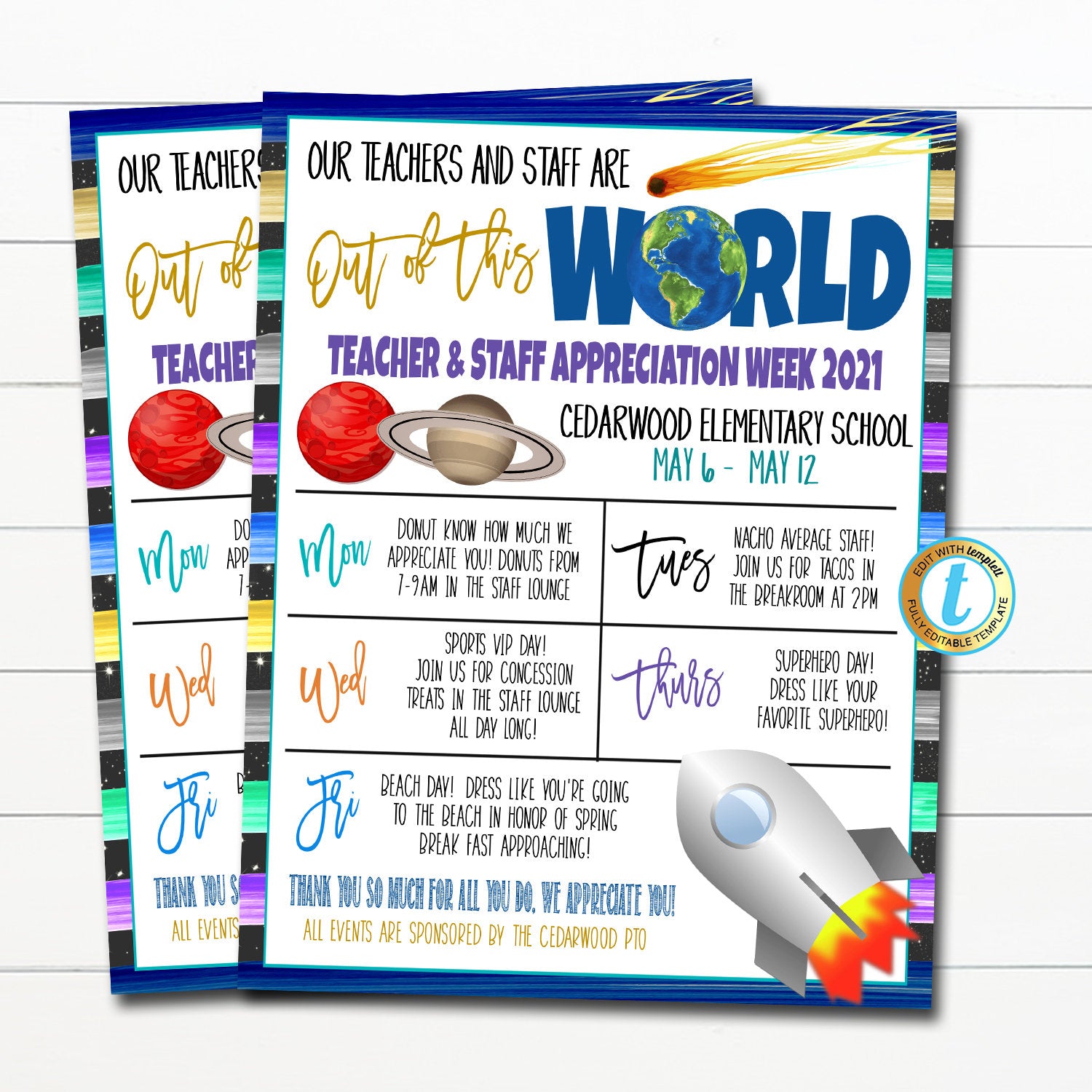 Outer Space Teacher Appreciation Week Itinerary - Templett Shop