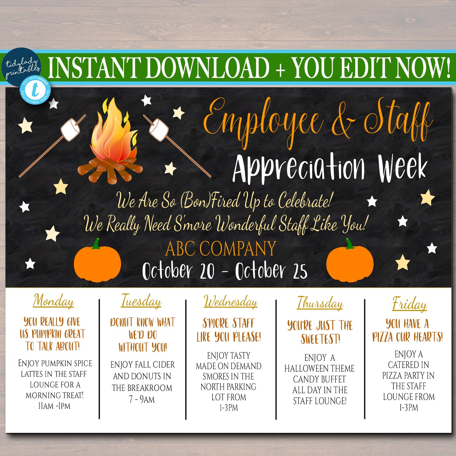 Fall Bonfire S'mores Theme Appreciation Week Itinerary Poster ...