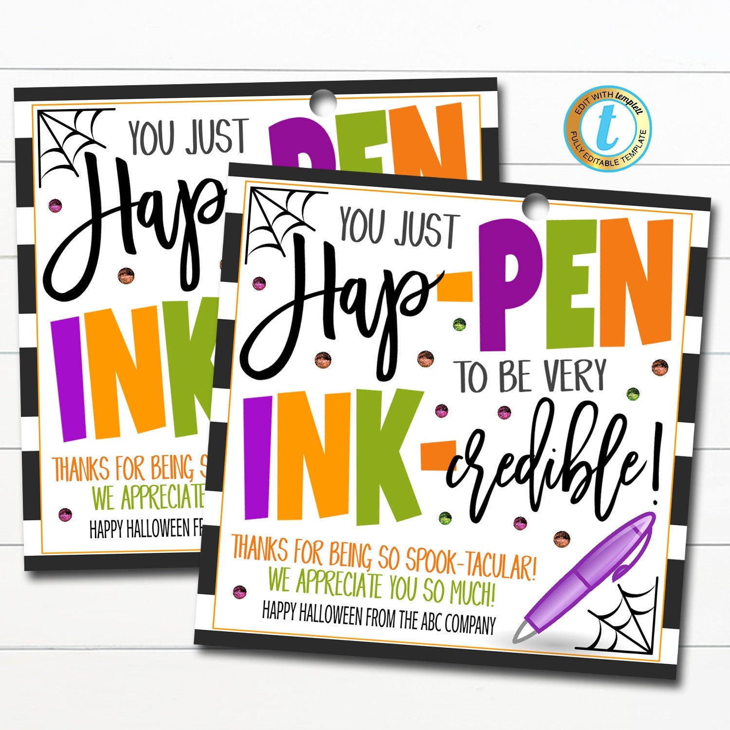 Halloween Pen Thank You Gift Tags - Templett Shop