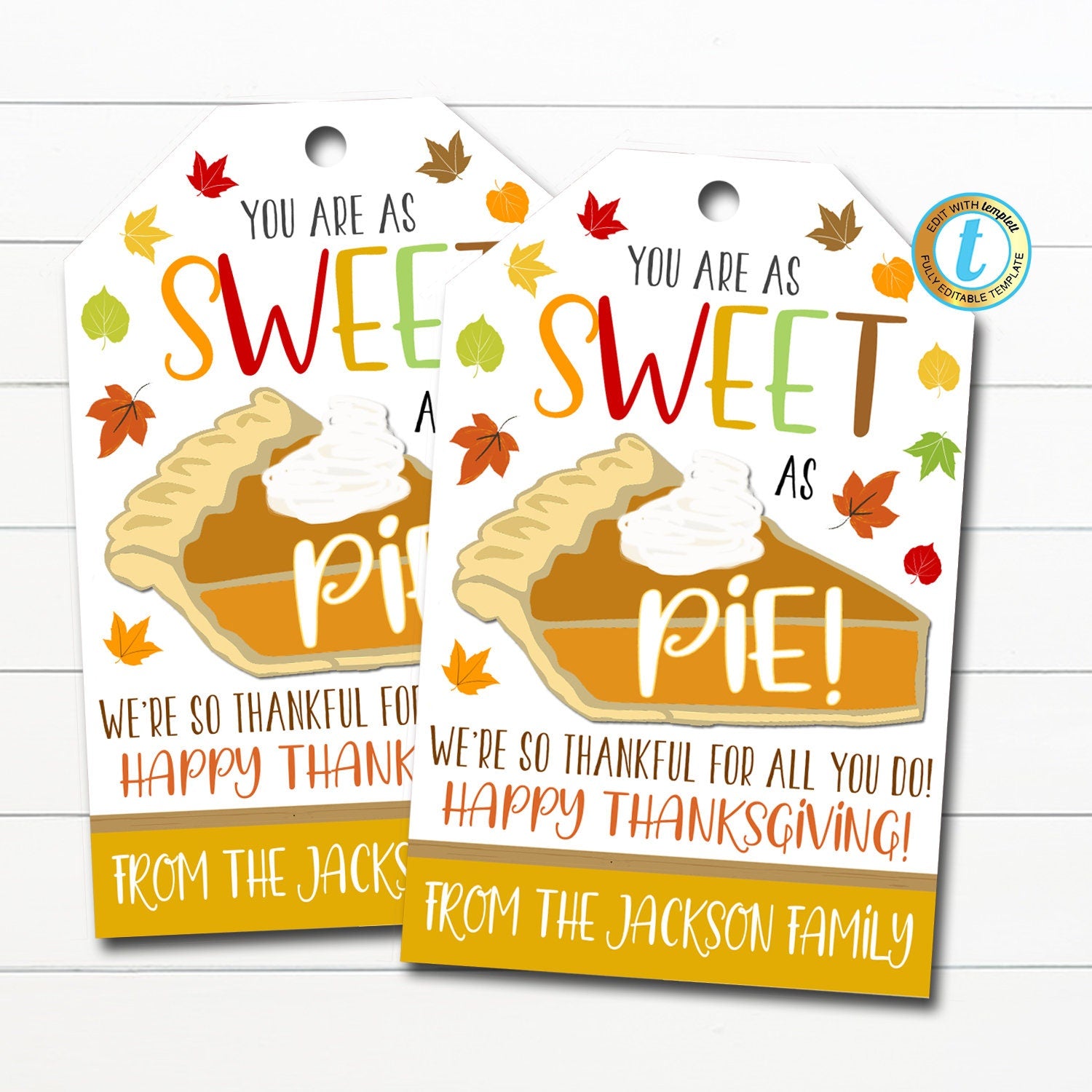 Thanksgiving Gift Tags, Grateful For You Pumpkin Pie Label - Templett Shop