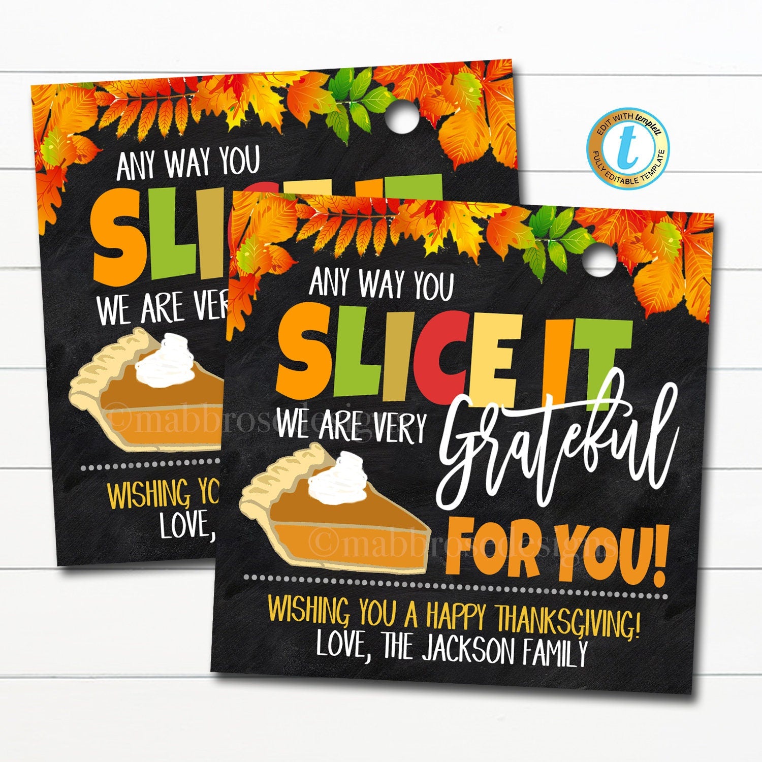 Thanksgiving Gift Tags, Grateful For You Pumpkin Pie Tag - Templett Shop