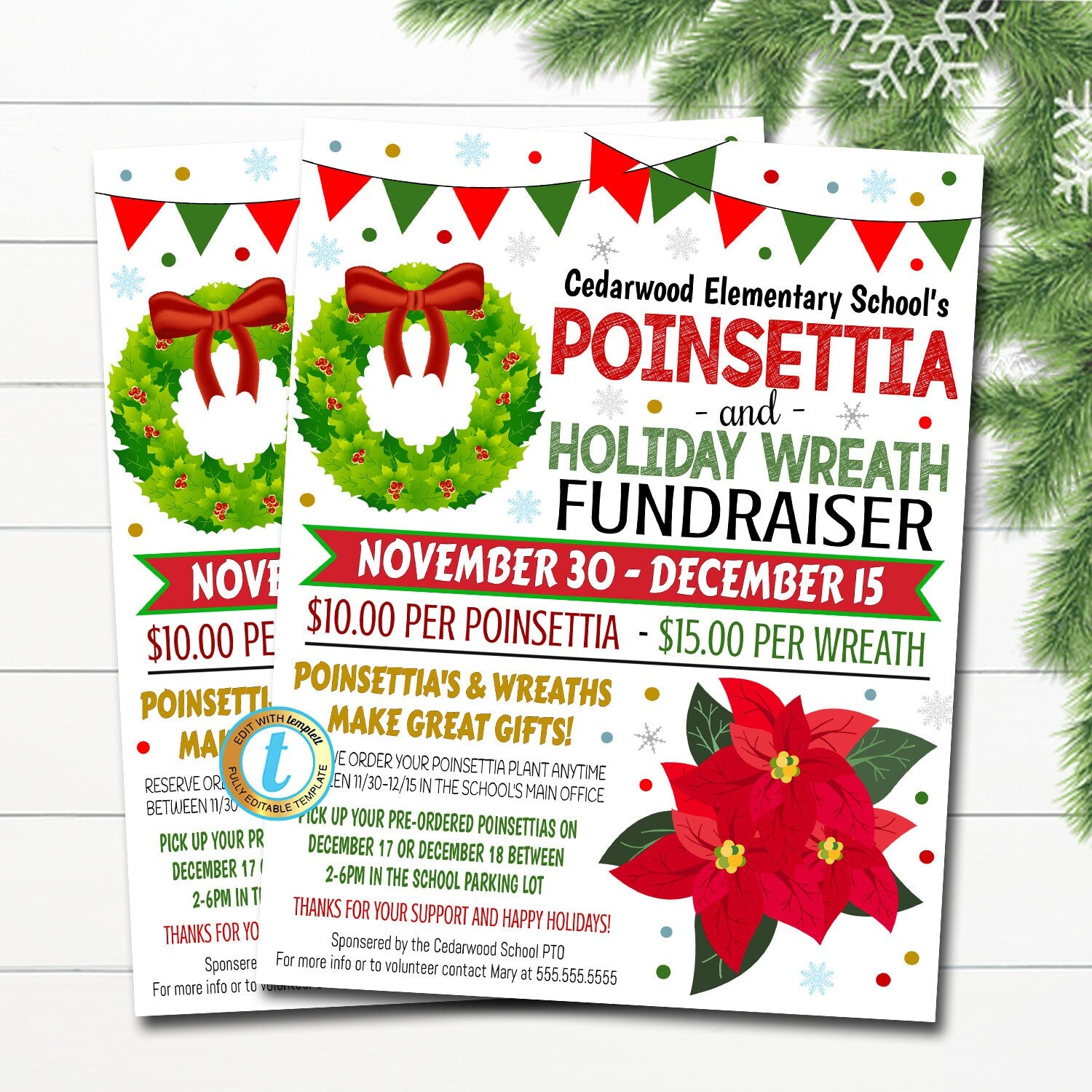 Poinsettia and Holiday Wreath Fundraiser Flyer - Templett Shop