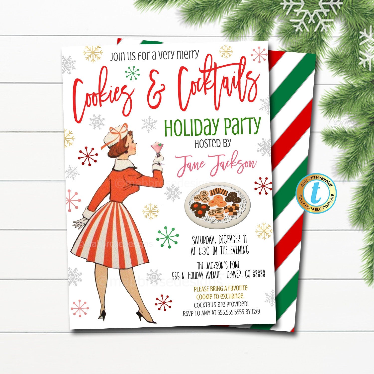 Retro Cookies and Cocktails Christmas Party Invitation - Templett Shop