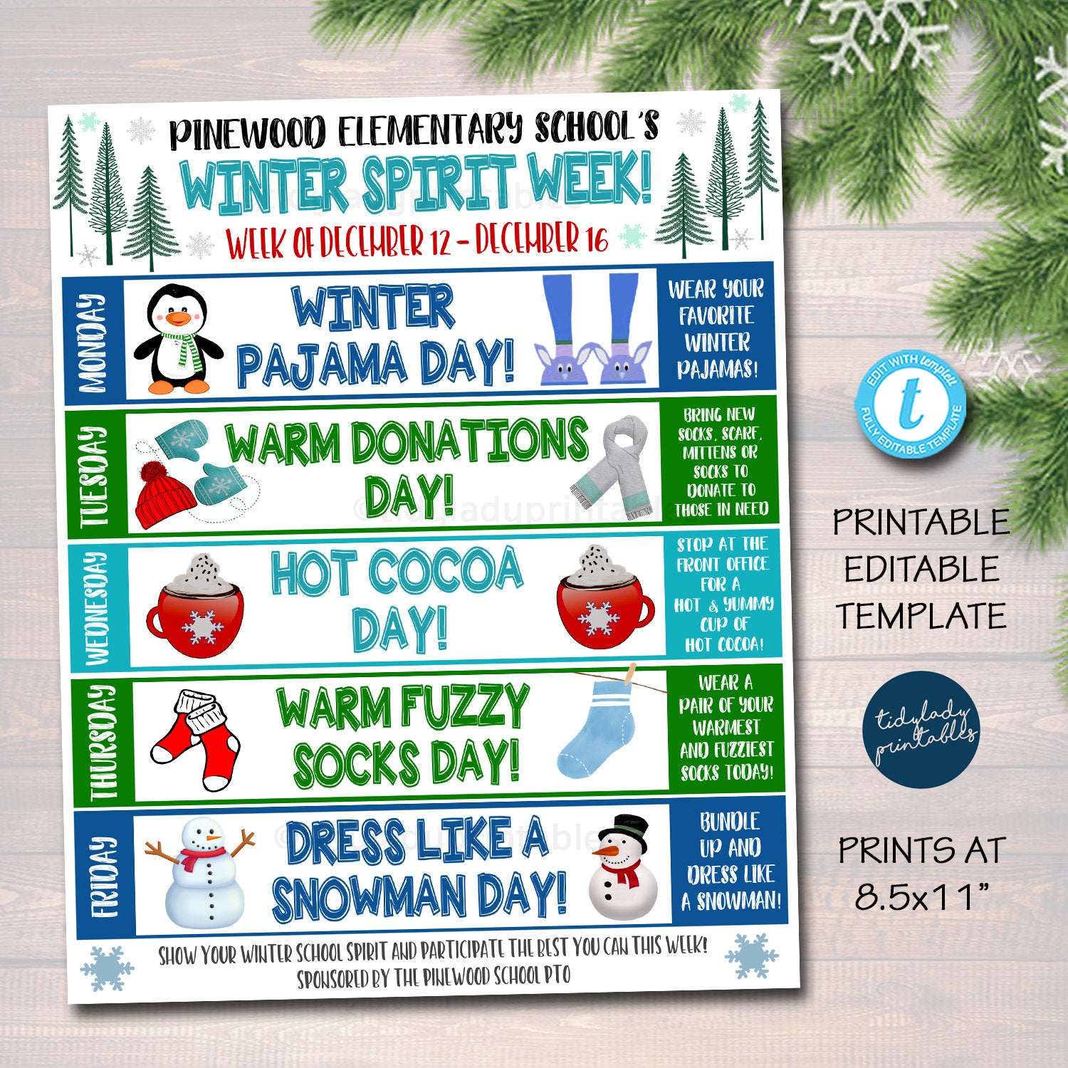 Winter School Spirit Week Itinerary Schedule - Templett Shop