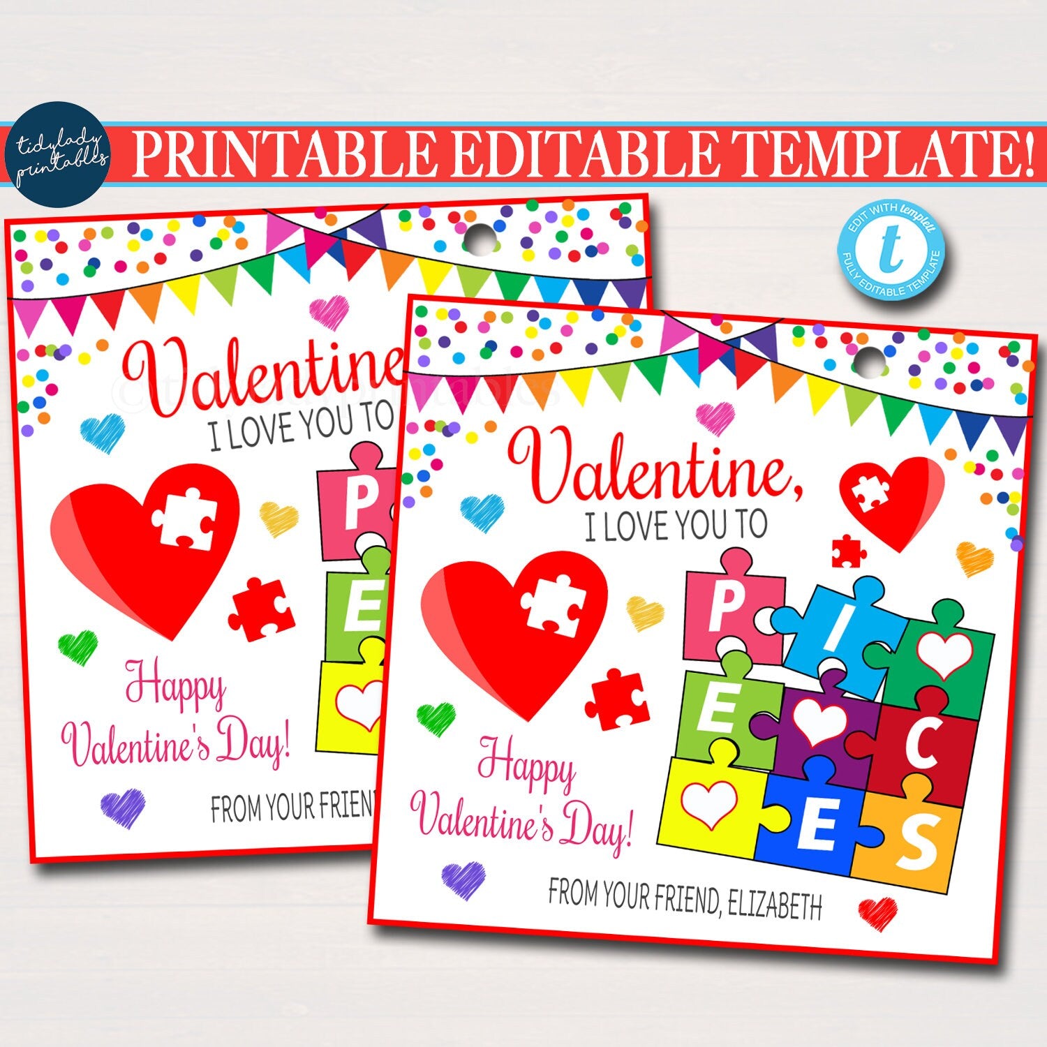 Valentine Puzzle Gift Tags, Pop-It Gift Labels - Templett Shop