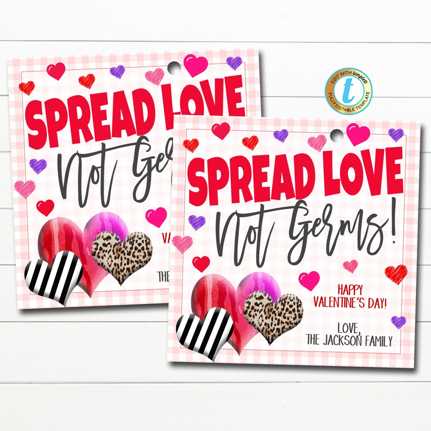 Valentine Gift Tags, Spread Love Not Germs Tag - Templett Shop