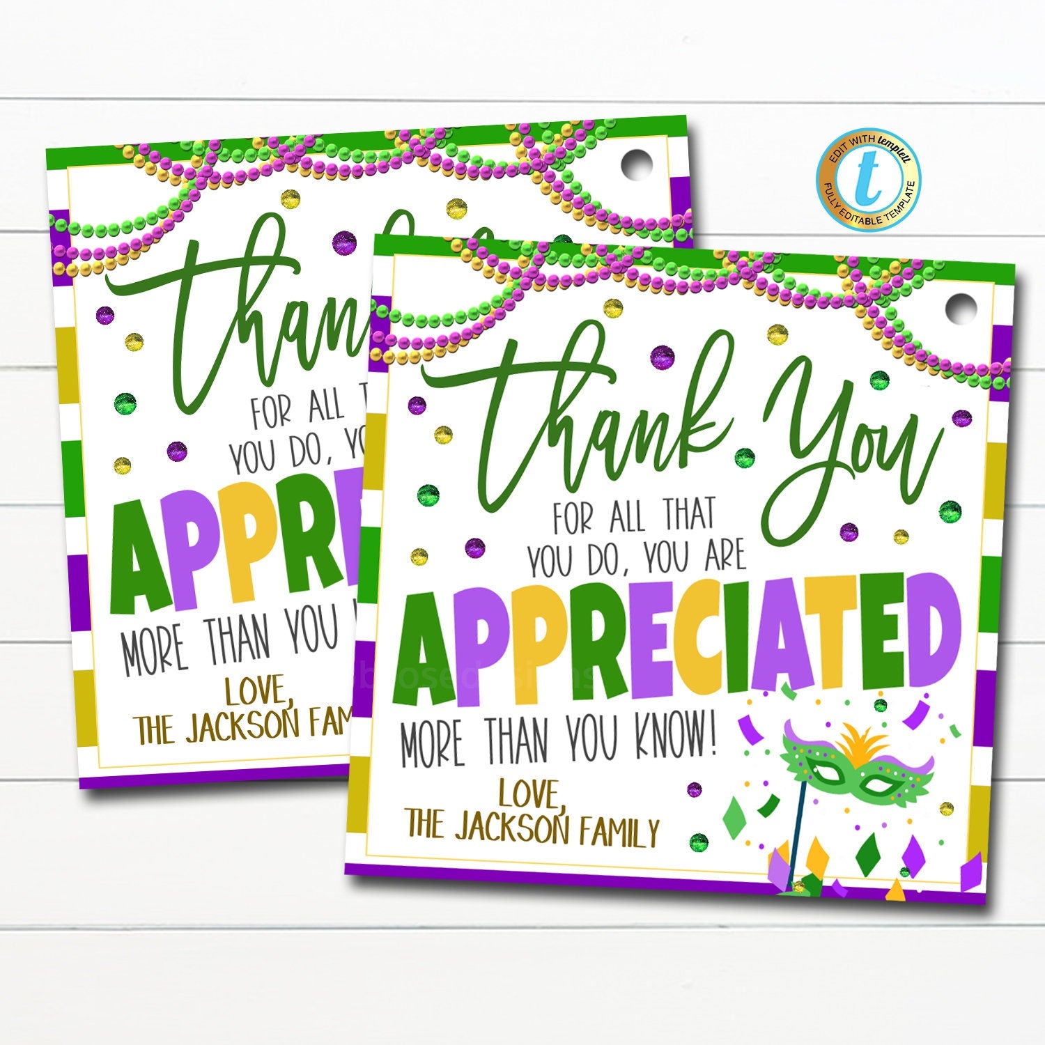 Mardi Gras Day Thank You Gift Tags - Templett Shop