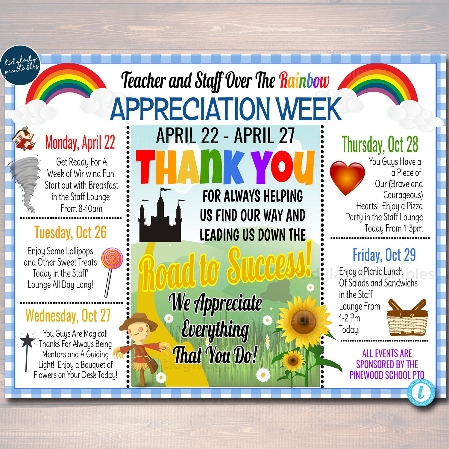 Over The Rainbow Themed Teacher Appreciation Week Itinerary Poster ...