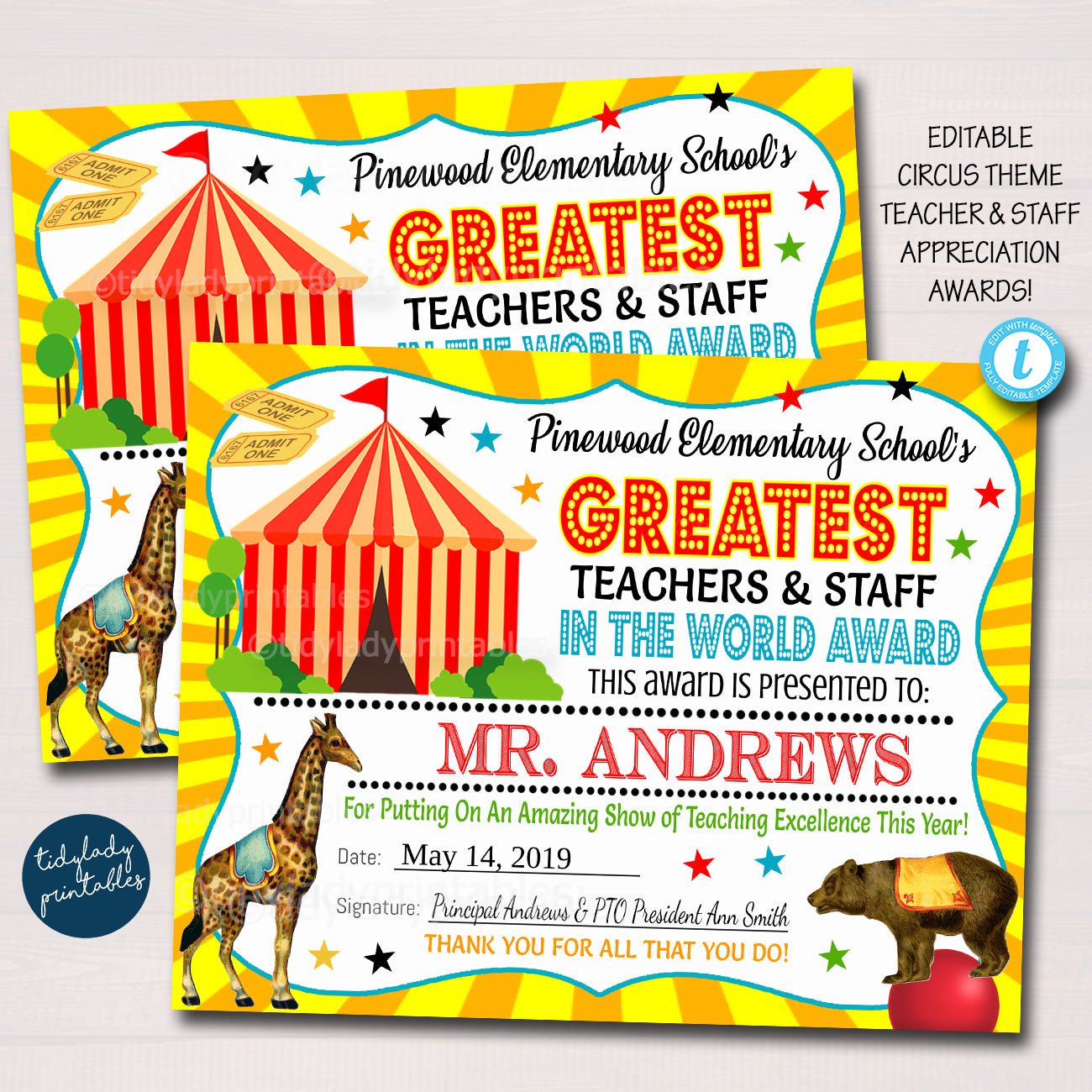 Circus Theme Teacher Appreciation Award Certificates - Templett Shop
