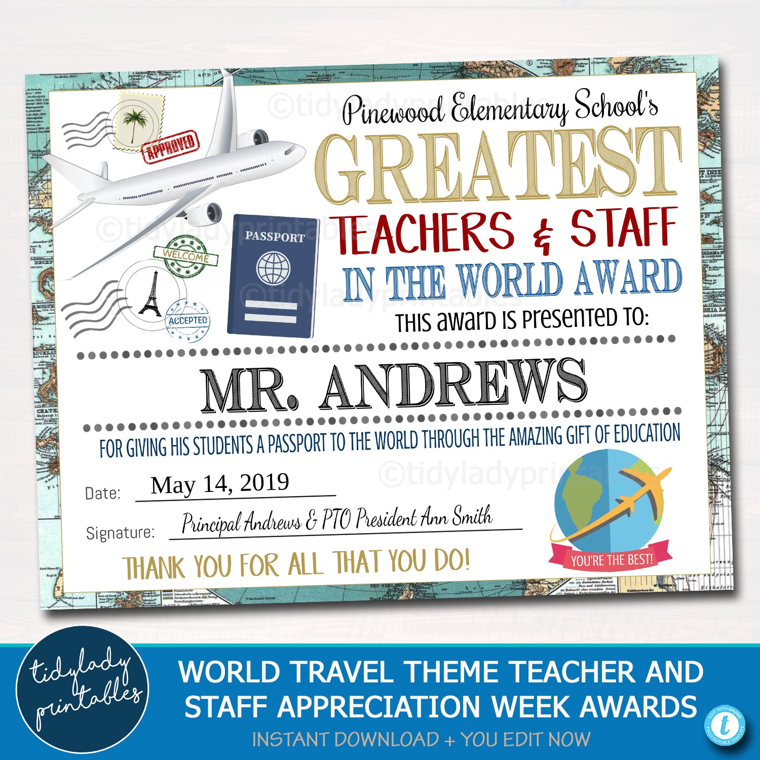 World Travel Theme Teacher Appreciation Award Certificates - Templett Shop