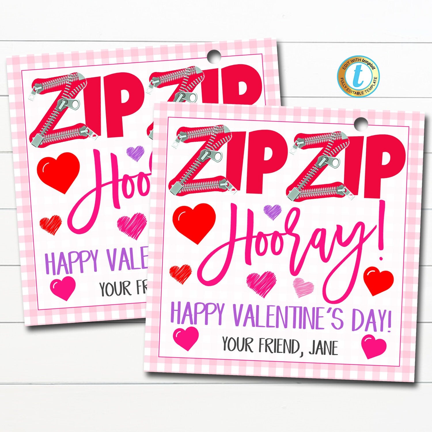 Valentine Zipper Gift Tags, Zip Zip Hooray - Templett Shop