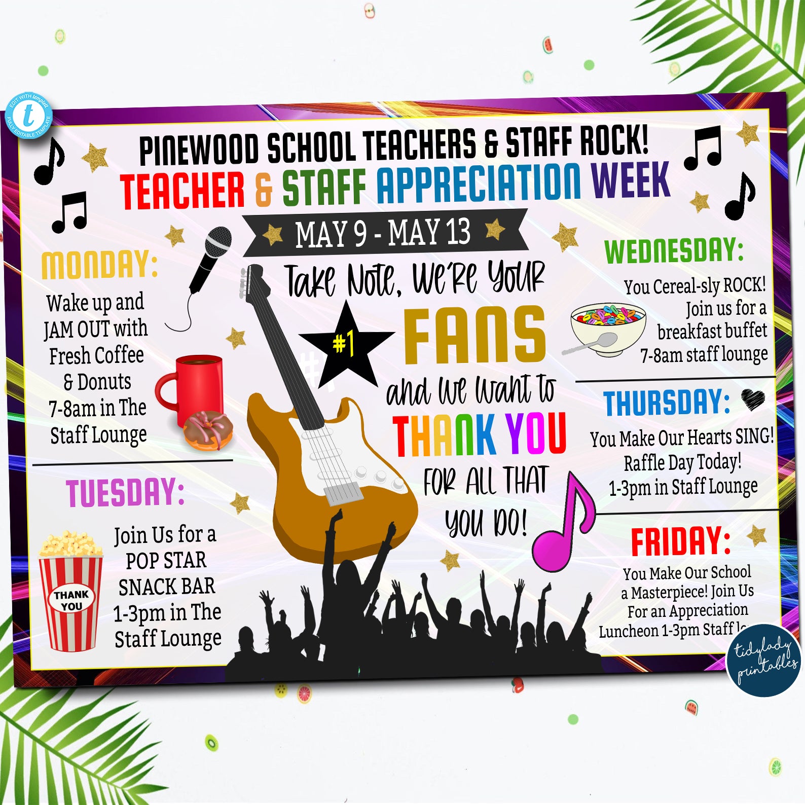 Rockstar Theme Teacher Appreciation Week Itinerary Poster - Templett Shop
