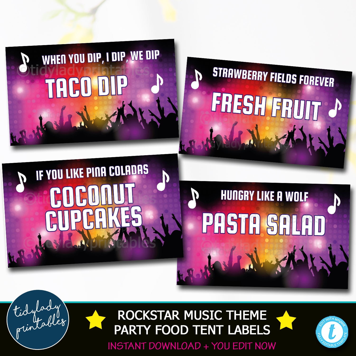 Rockstar Music Theme Party Food Tent Labels - Templett Shop